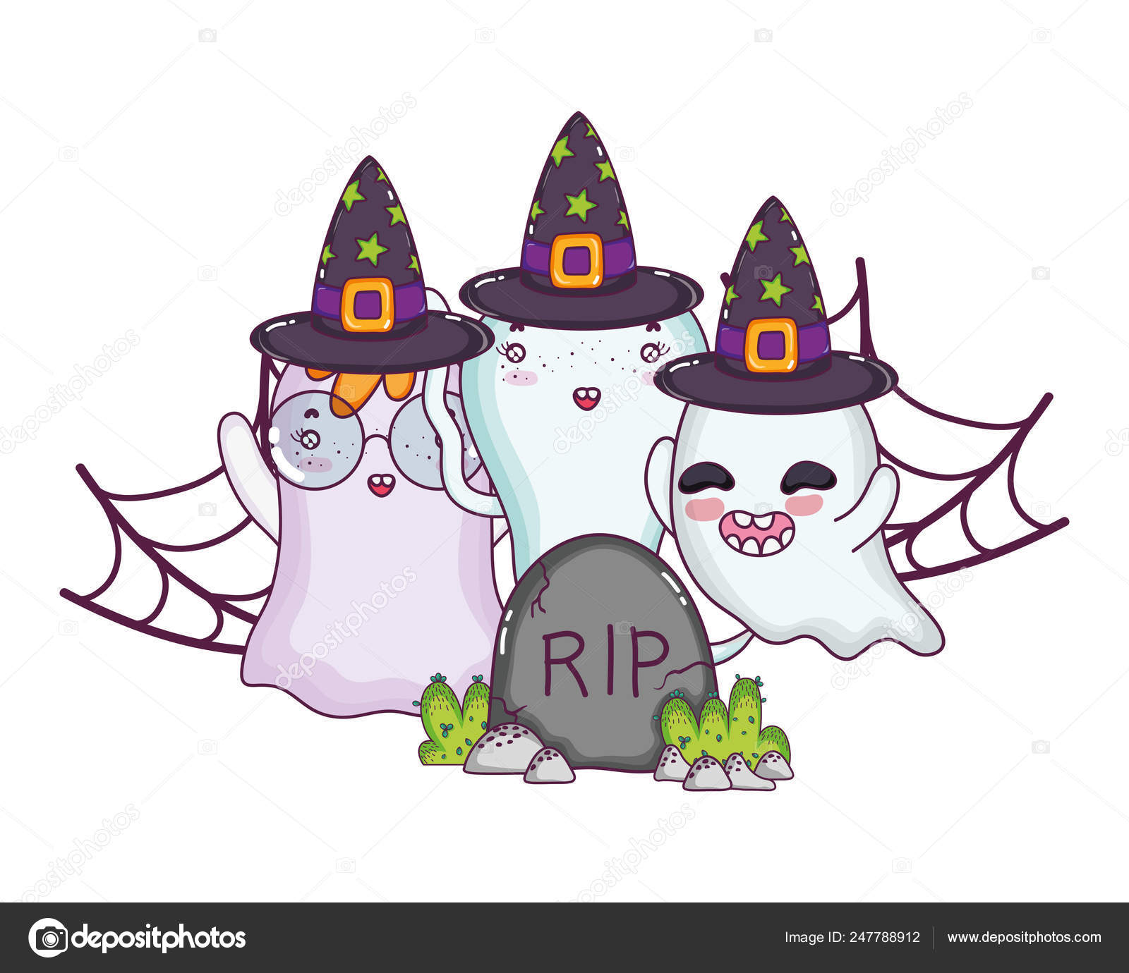 Ghosts with witch hat in the spiderweb and rip Stock Vector by ...