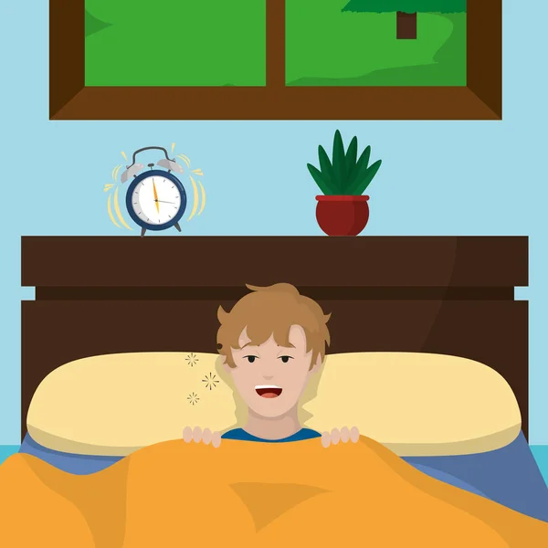 Wake up boy in bed arms stretch with clock on table Stock Vector Image ...