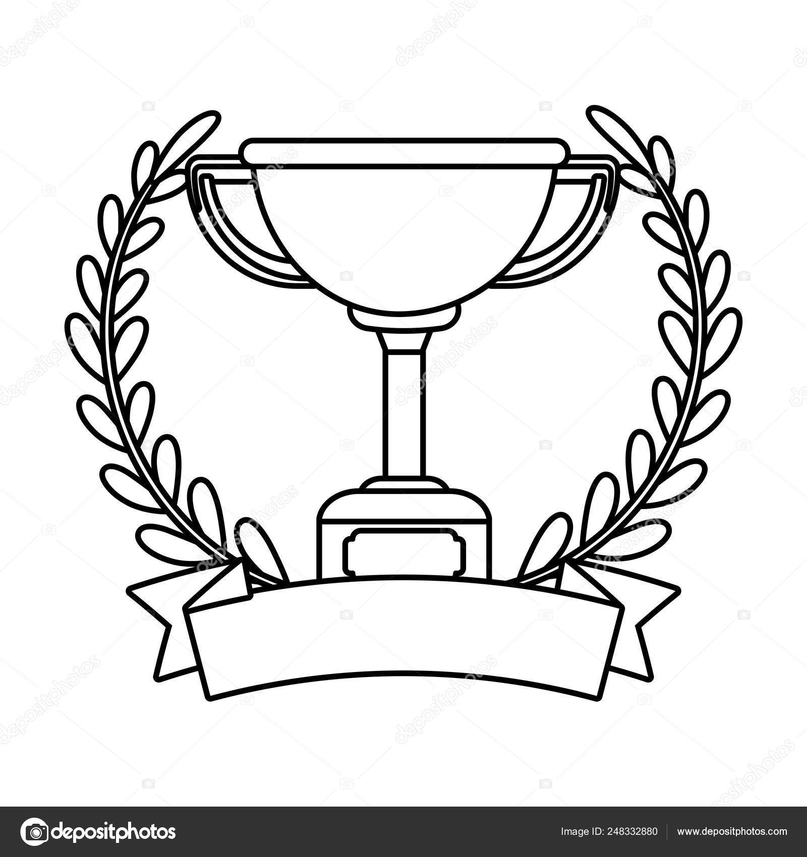Trophy cup with wreath and blank ribbon banner black and white Stock ...