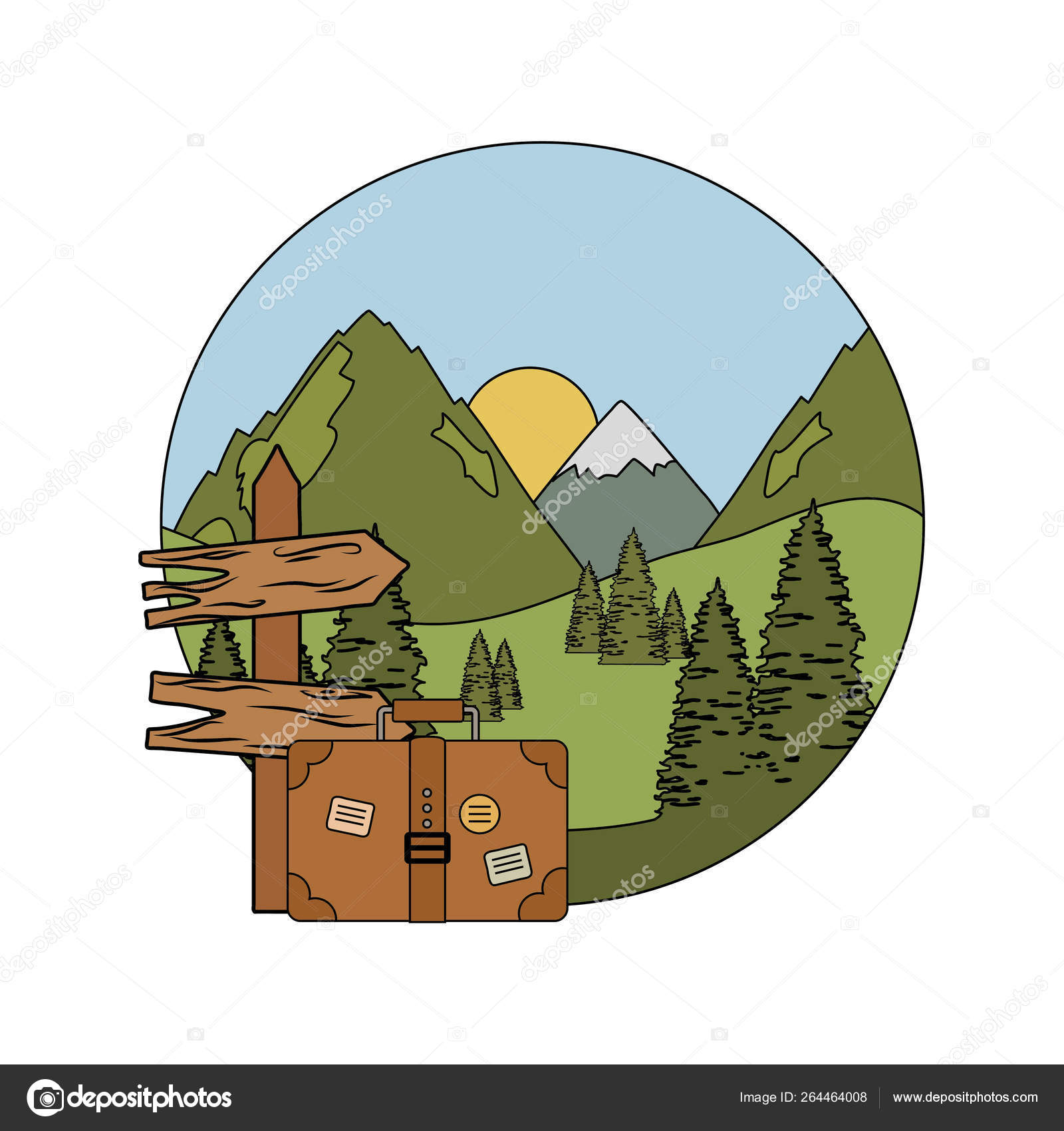 Wooden arrow guide label with pines trees Stock Vector by ©stockgiu ...