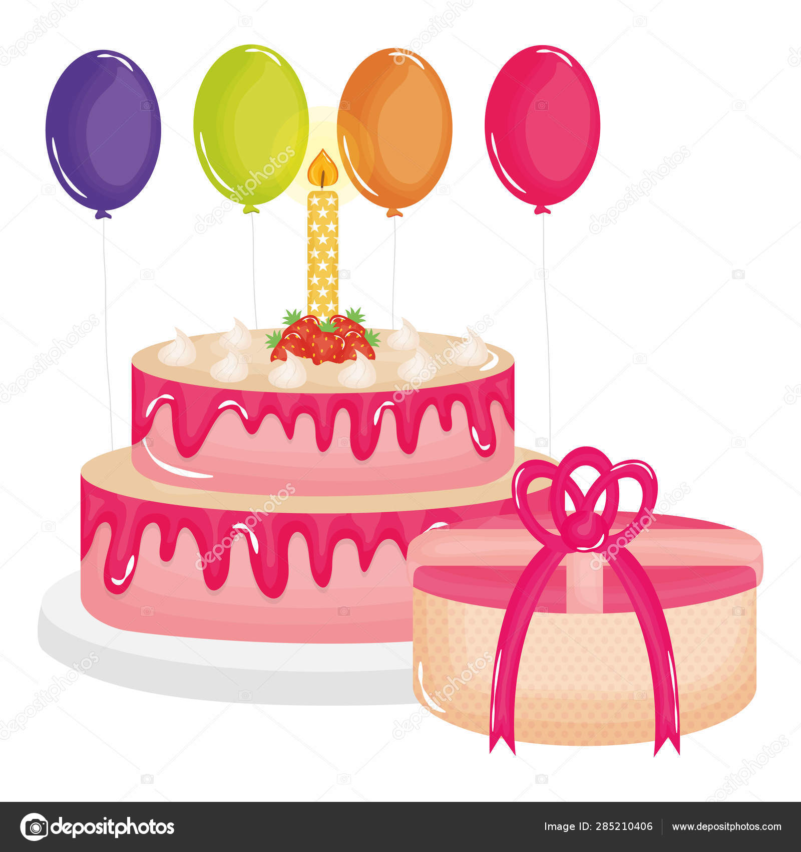 Gift box with sweet cake and balloons helium floating Stock Vector ...