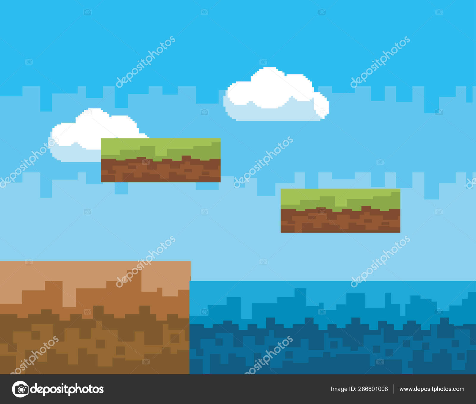 Arcade game world and pixel scene design vector illustration Stock ...