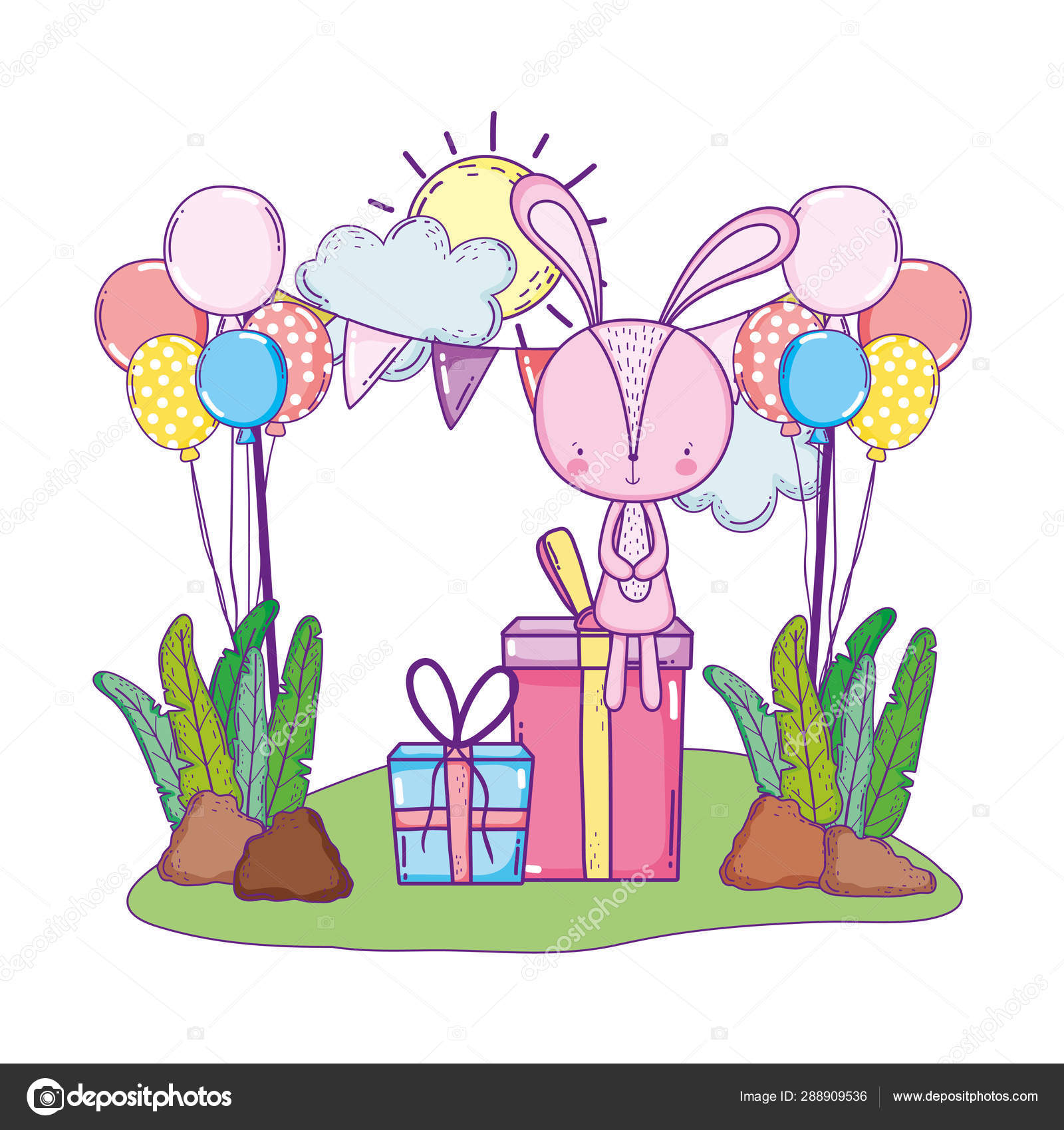 Cute little rabbit with balloons helium in the landscape Stock Vector ...
