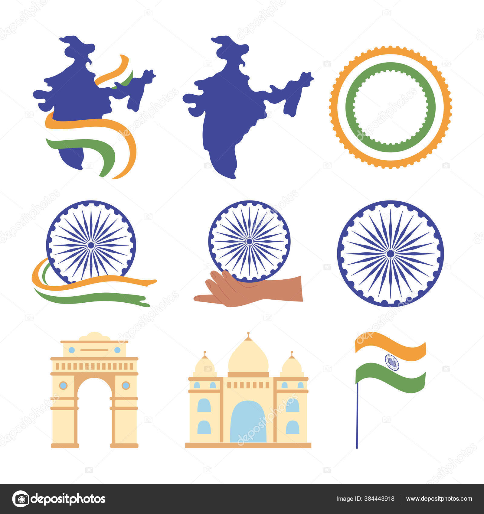 Happy independence day india, map flag landmark famous monuments wheel ...