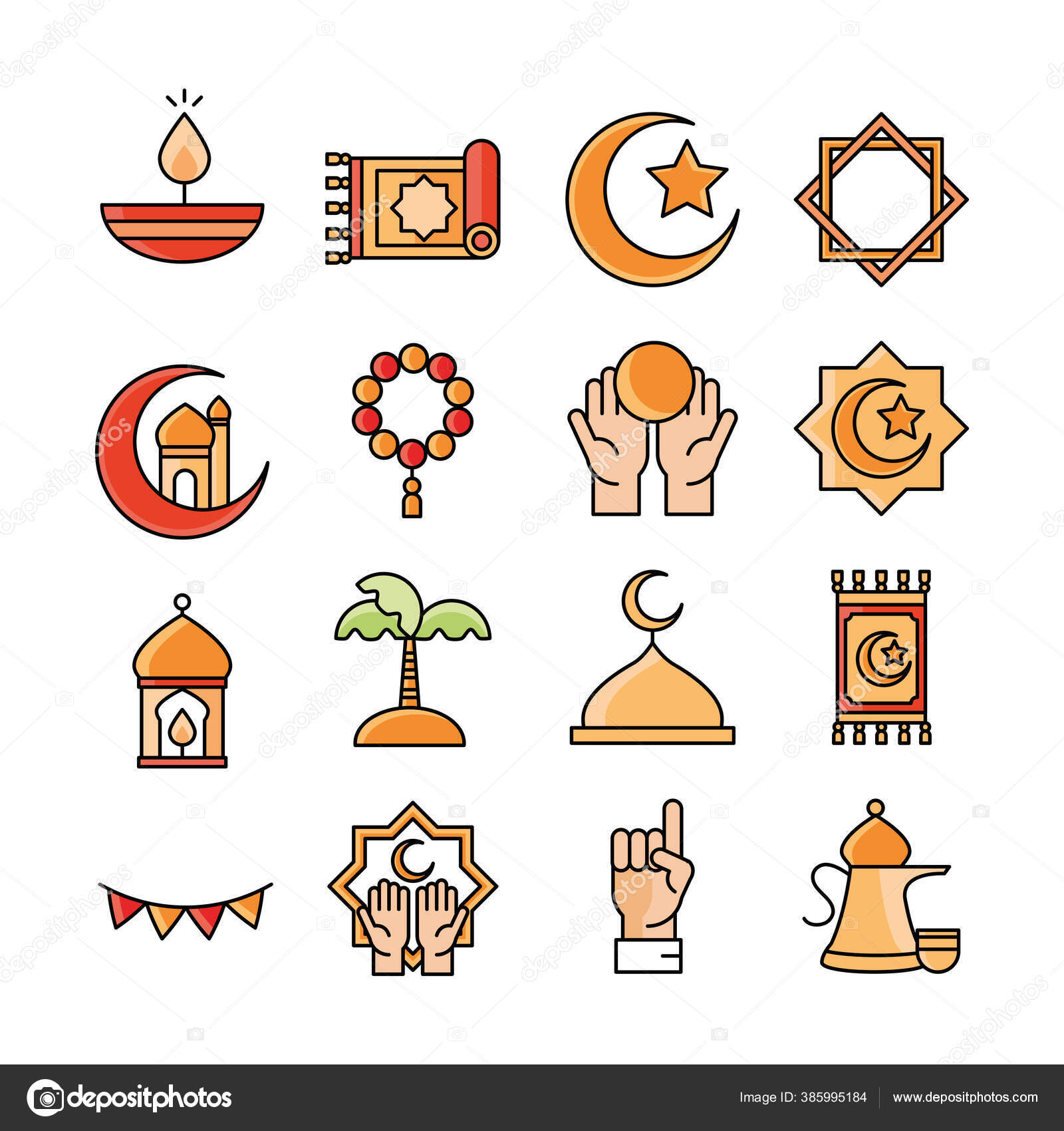 Eid mubarak islamic religious celebration traditional icons set flat ...
