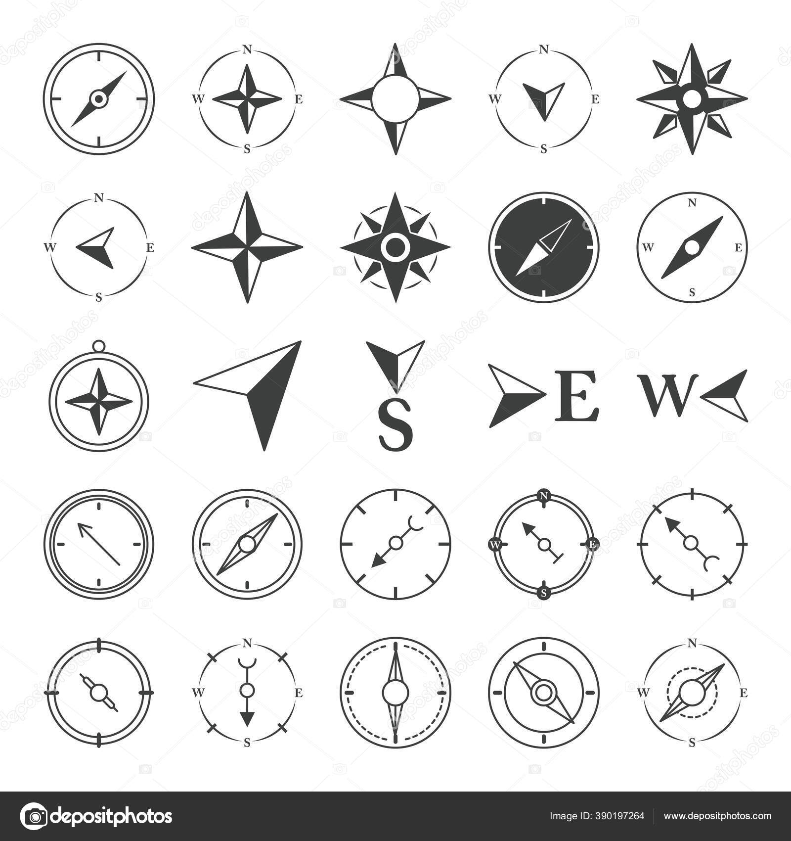 Compass rose navigation cartography travel explore equipment icons set ...