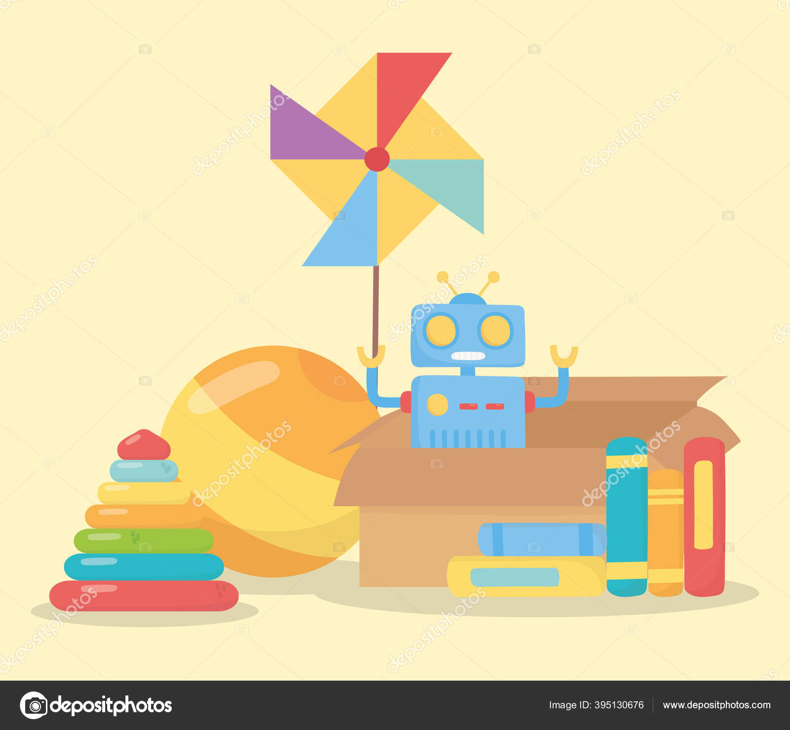 Kids toys object amusing cartoon cardboard box with robot ball pyramid ...