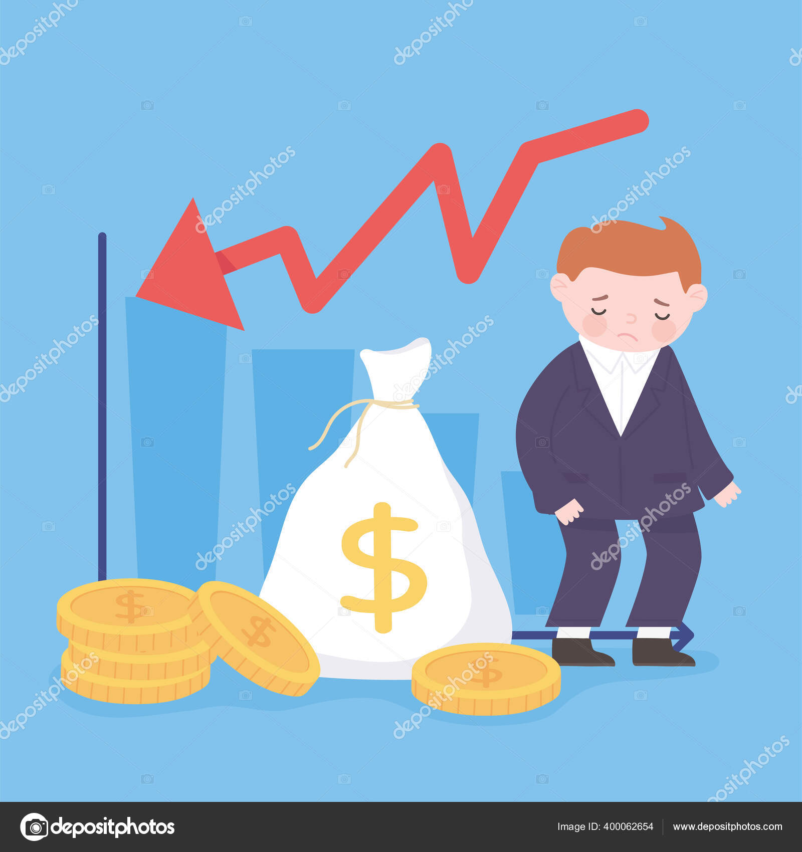 Bancarrota triste hombre de negocios bolsa de dinero monedas gráfico flecha abajo negocio crisis ...