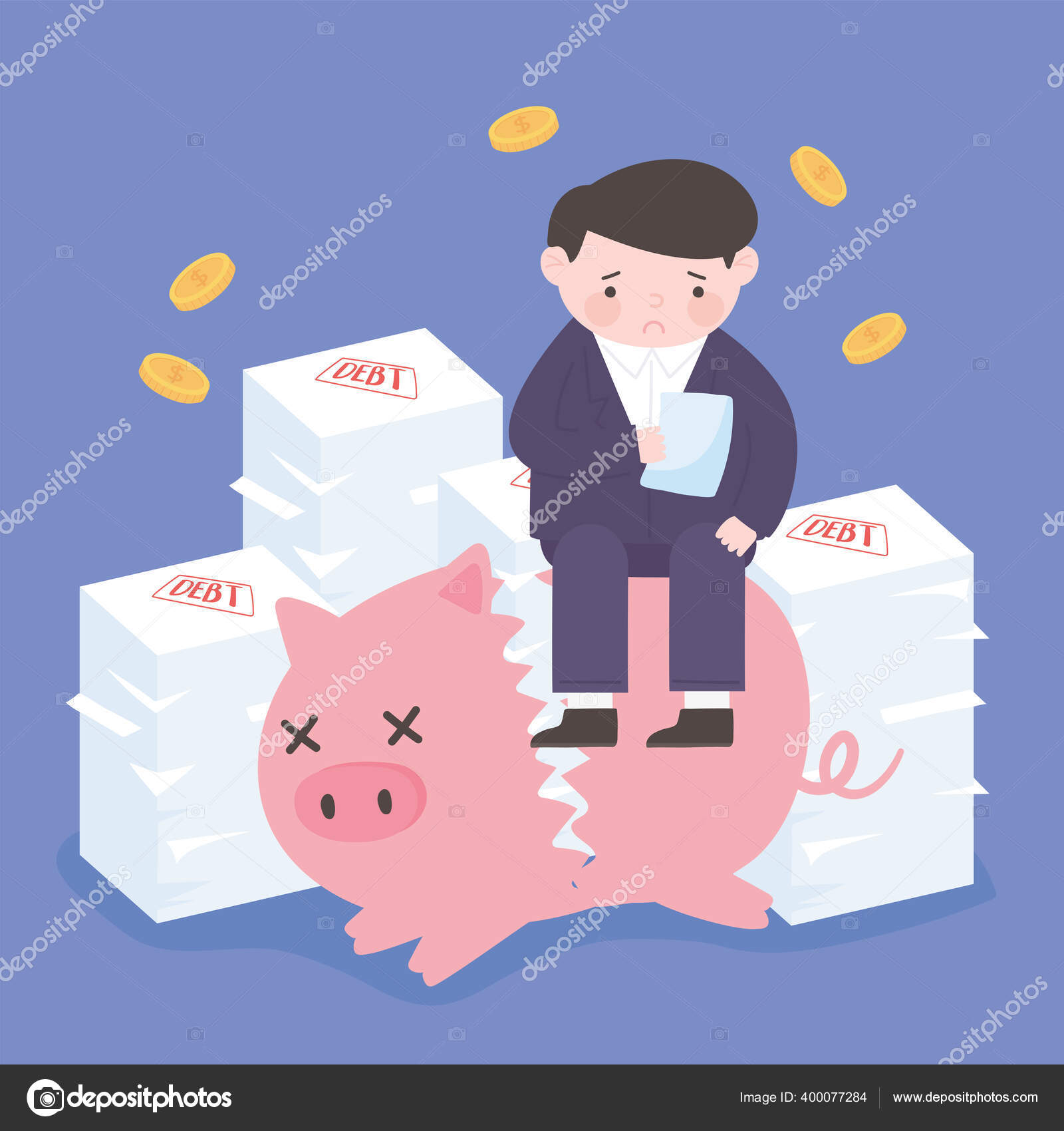 Bankruptcy man sitting on stack of papers debt and broken piggy bank ...