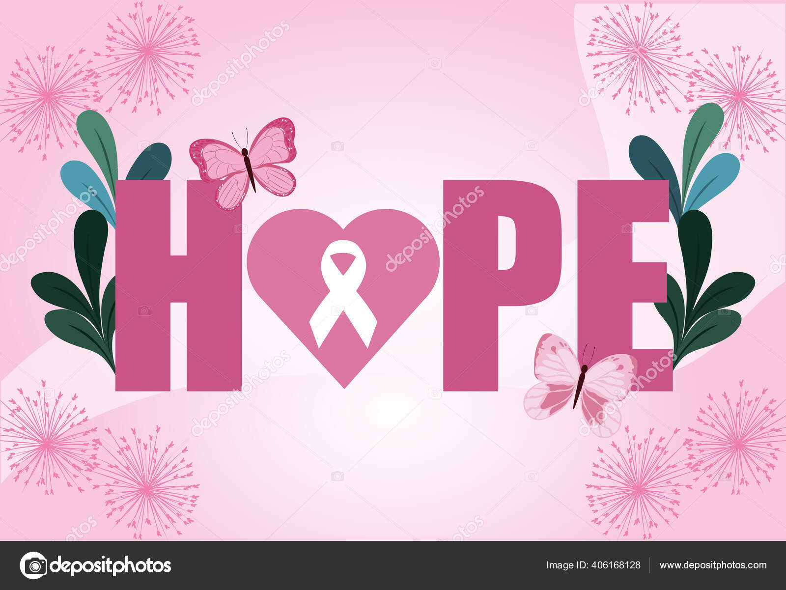 Breast cancer awareness month phrase hope butterfly foliage, ribbon ...