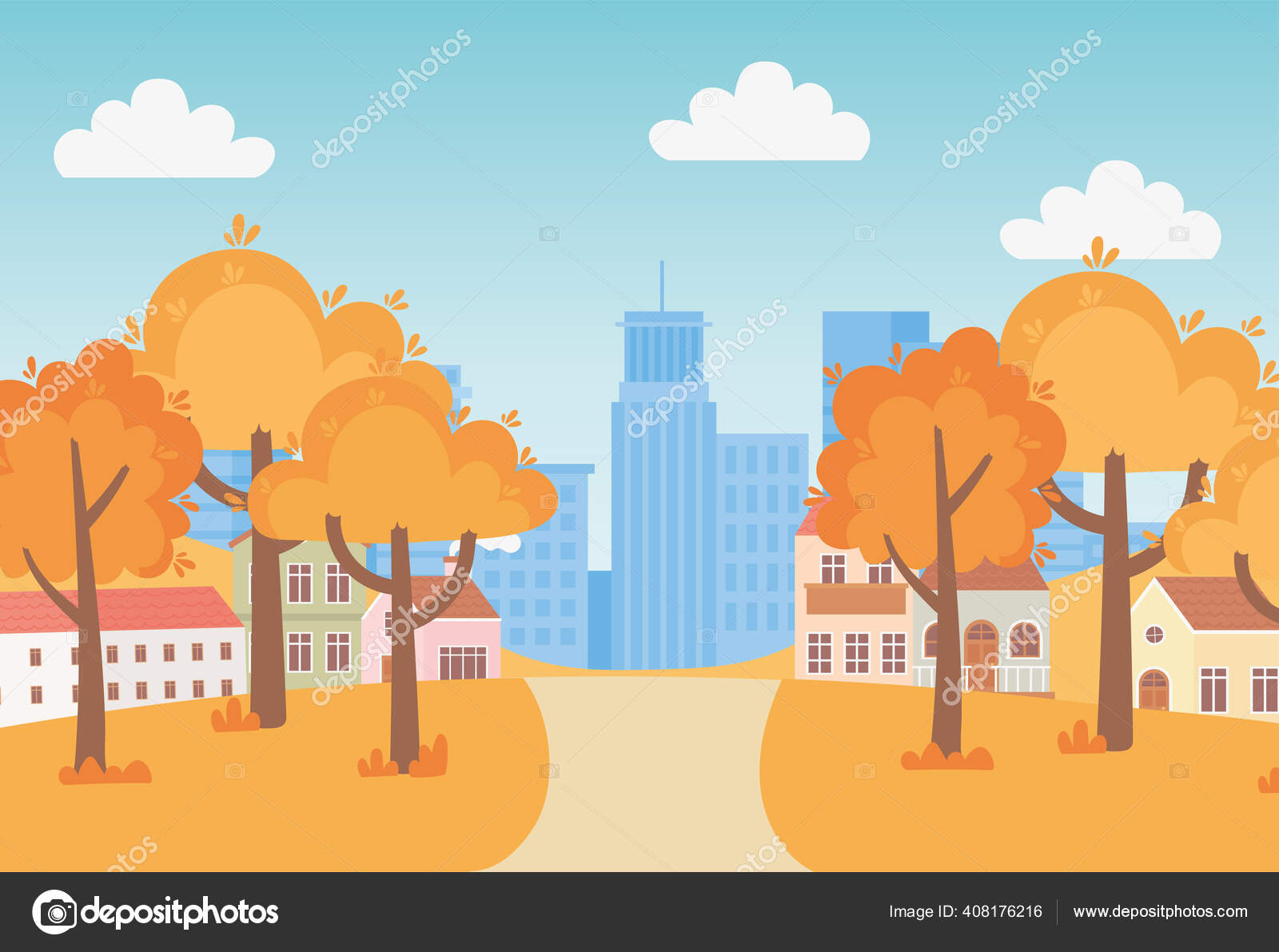 Landscape in autumn nature scene, suburban houses trees pathway and ...