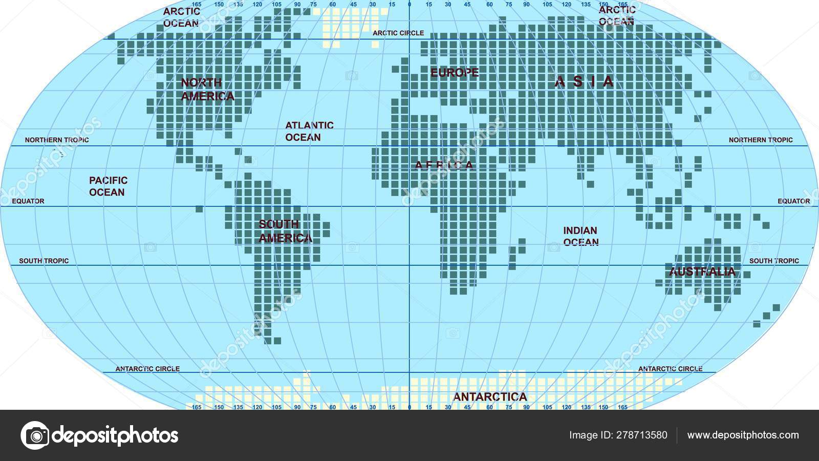 Mapa vectorial del mundo. Océanos y continentes en proyección plana ...