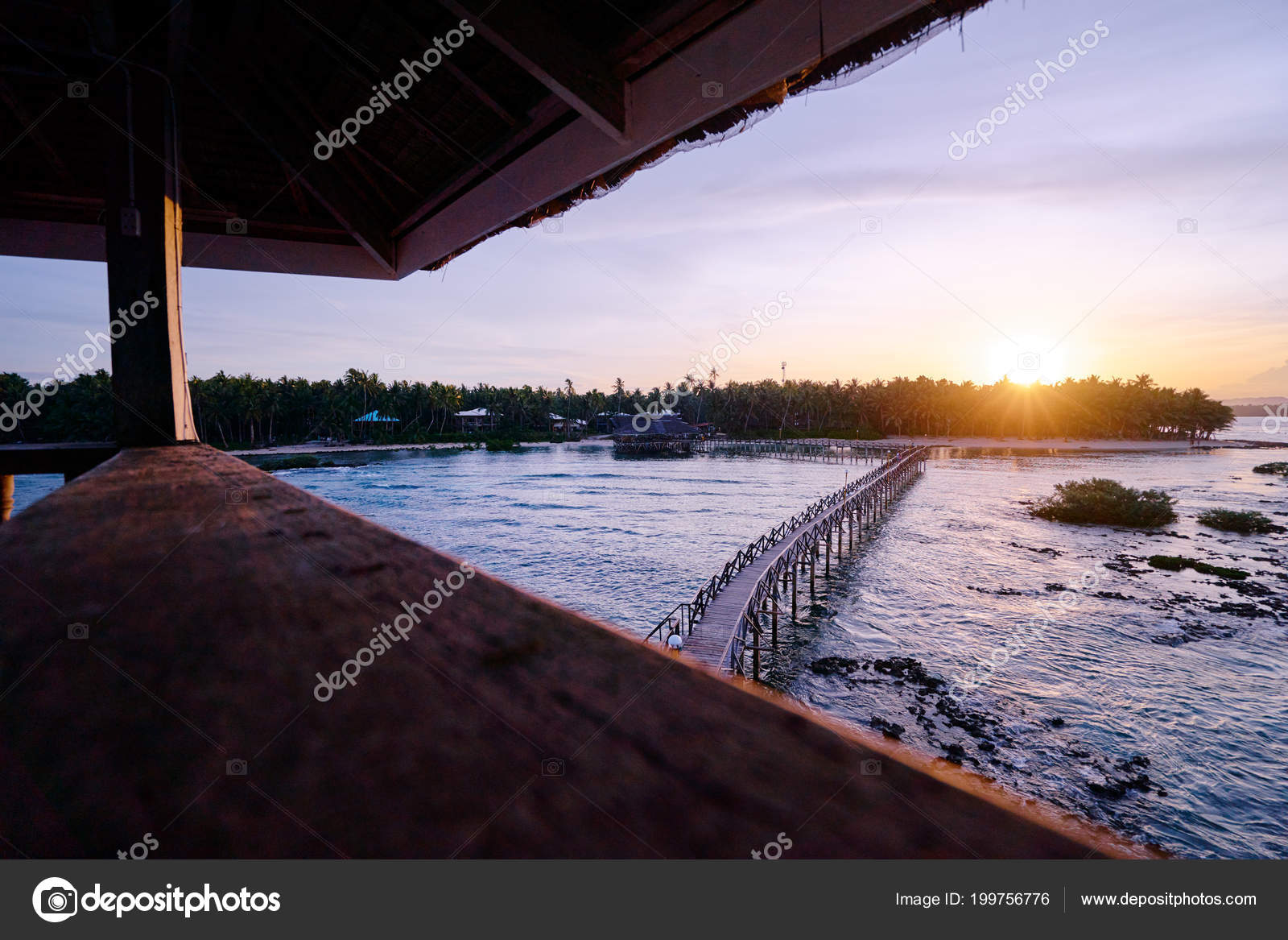 Sunset Seashore Wooden Bridge Cloud Beach Siargao Island Philippines ...