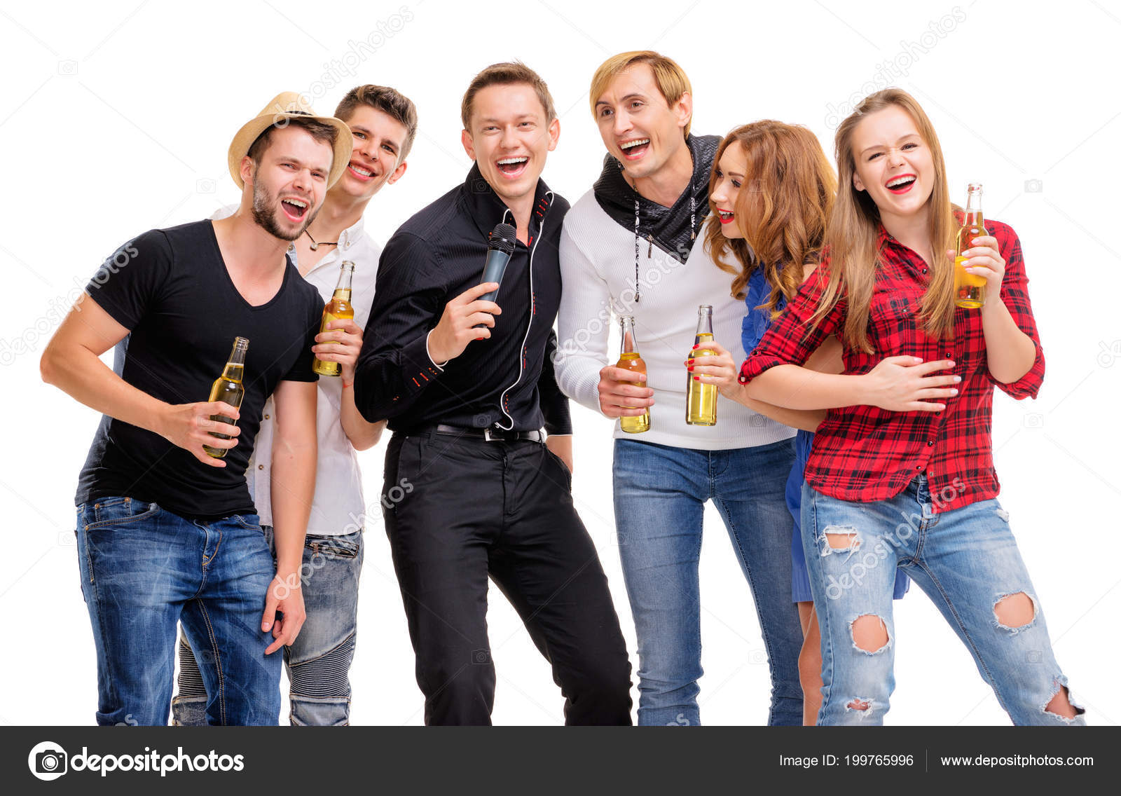 Group Happy Smiling Friends Having Fun Together Singing Karaoke — Stock ...