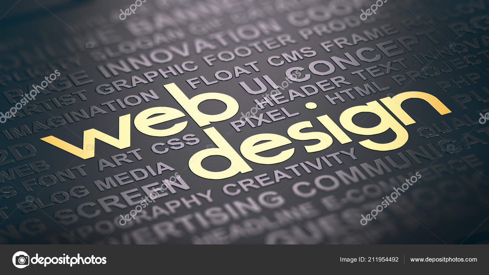 Word Cloud Black Background Text Web Design Witten Golden Letters Stock ...