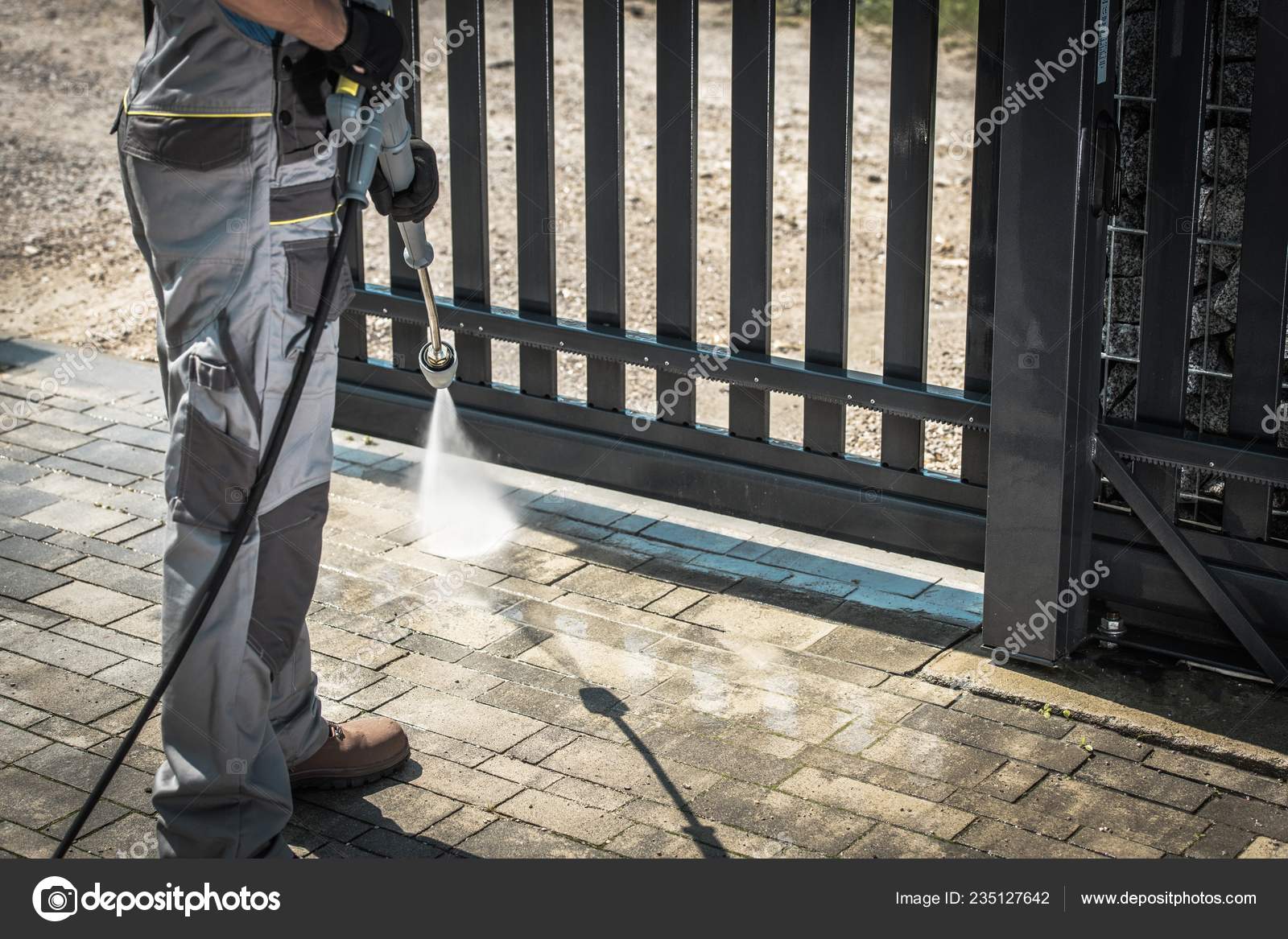 Driveway Gate Pressure Washing Cleaning House Surroundings Stock Photo ...