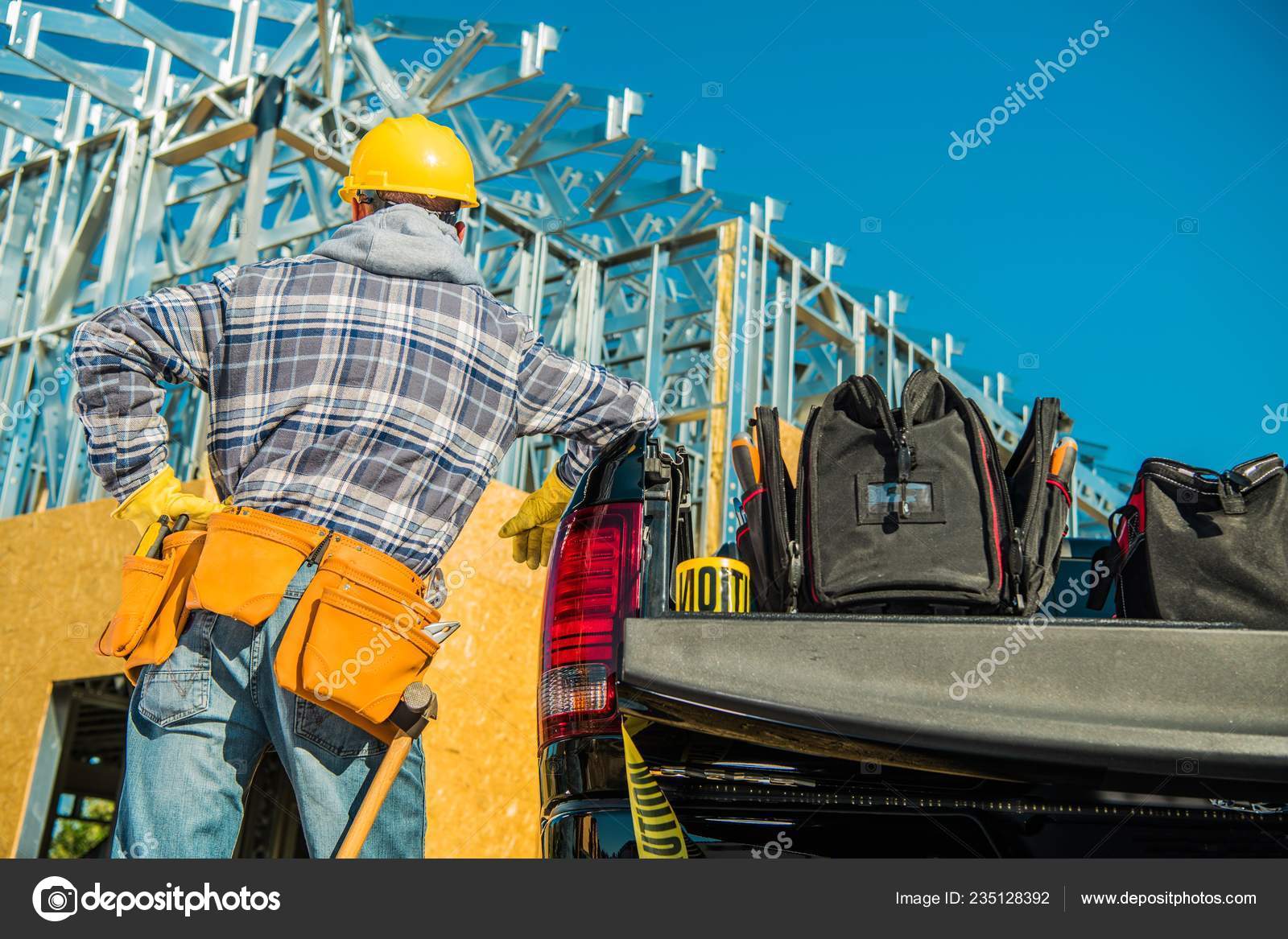 Construction Contractor Job Caucasian Worker Wearing Yellow Safety Hard ...