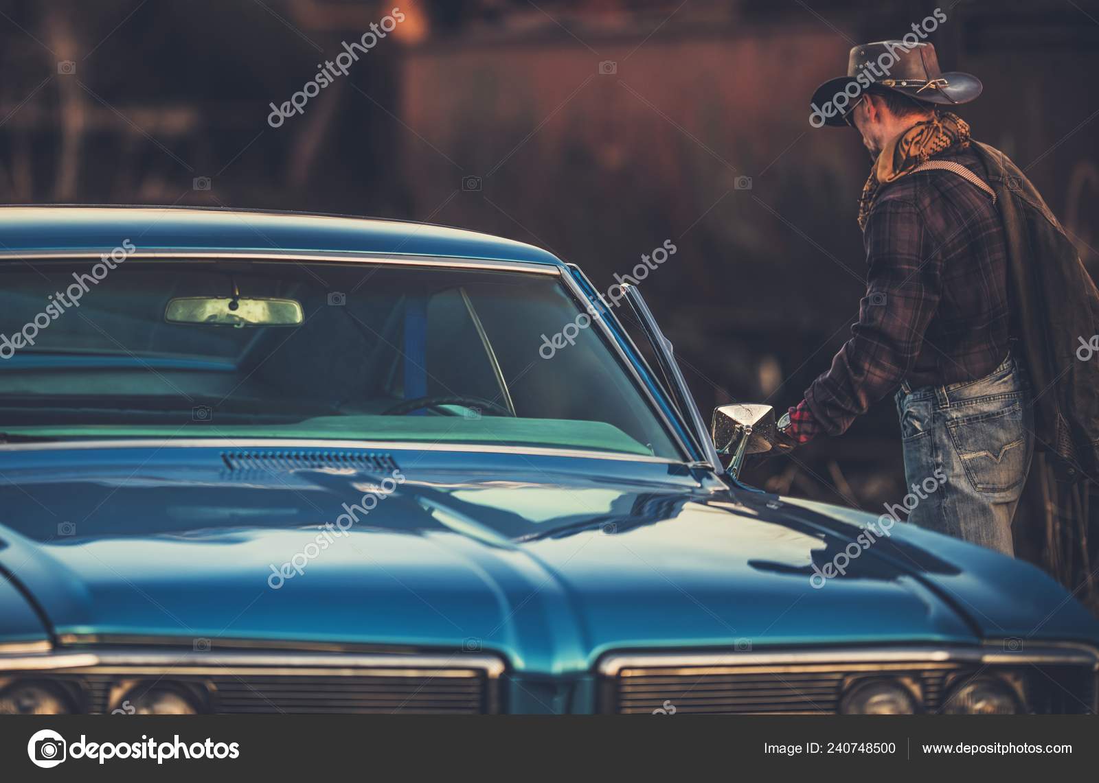 Texas Style Car Ride Caucasian Western Style Wearing Cowboy His – Stock ...