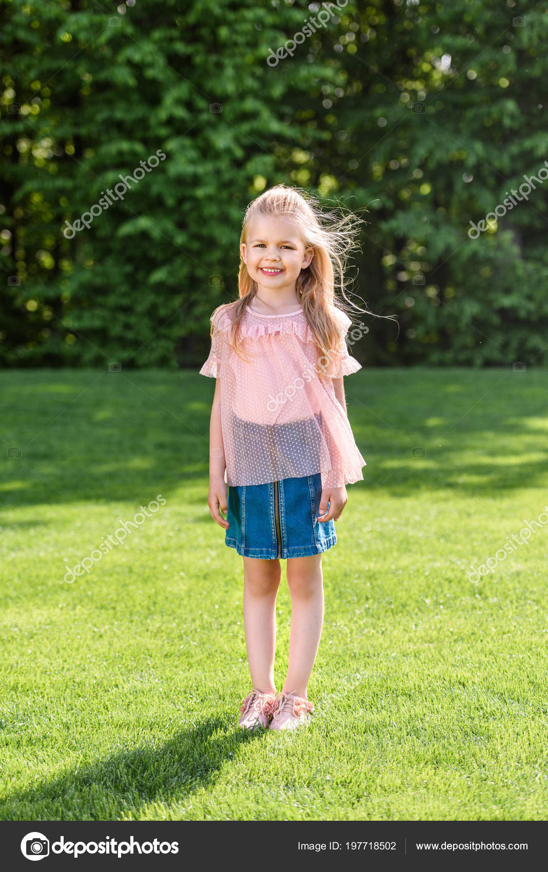 Full Length View Adorable Little Child Standing Grass Smiling Camera ...
