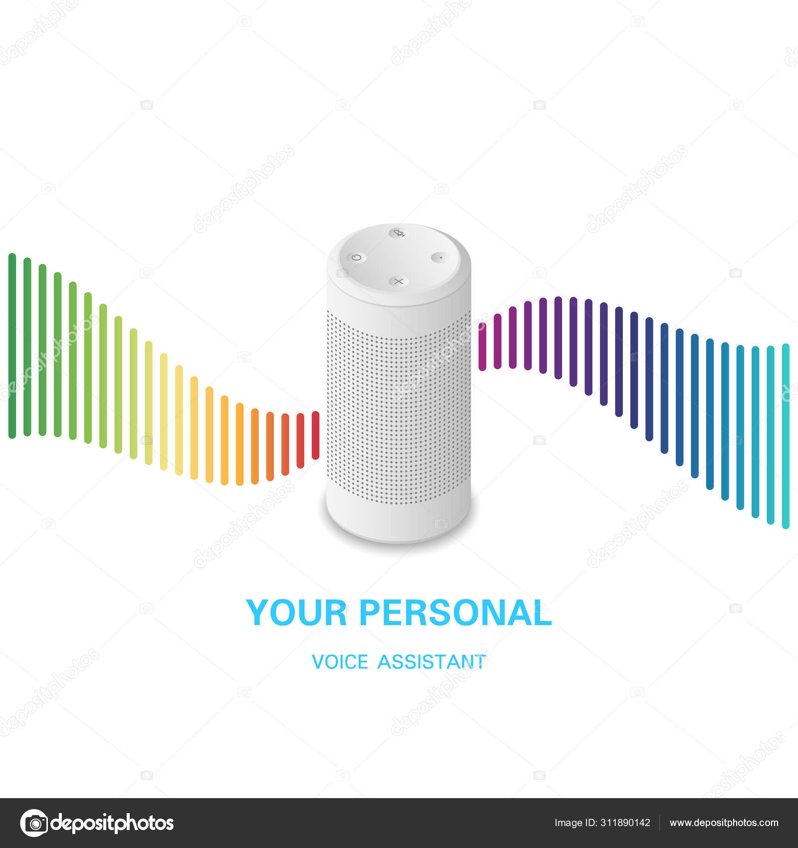 Voice assistant. Smart speaker with rainbow sound wave on white ...