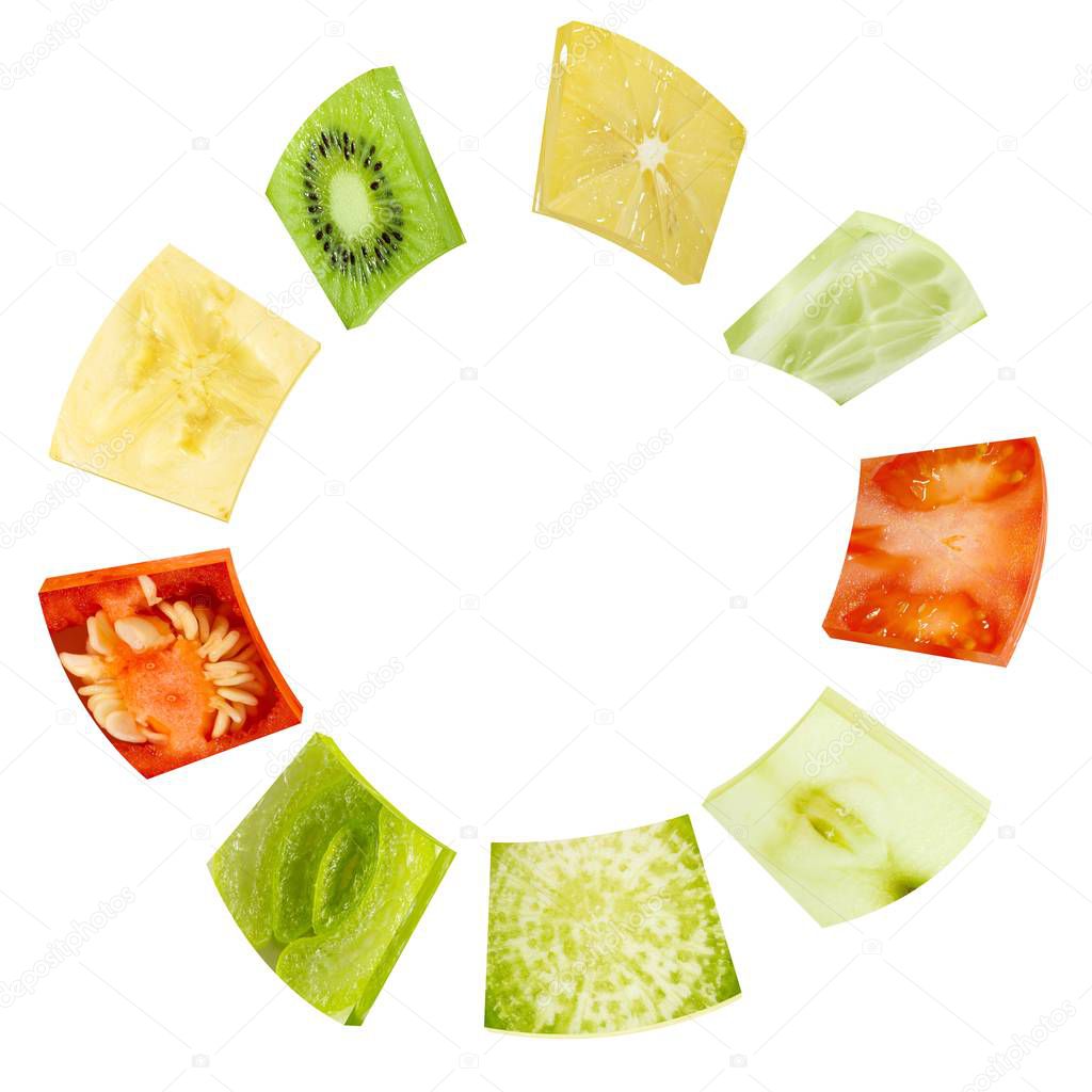 Collage de frutas, verduras y plantas en un círculo sobre fondo blanco ...