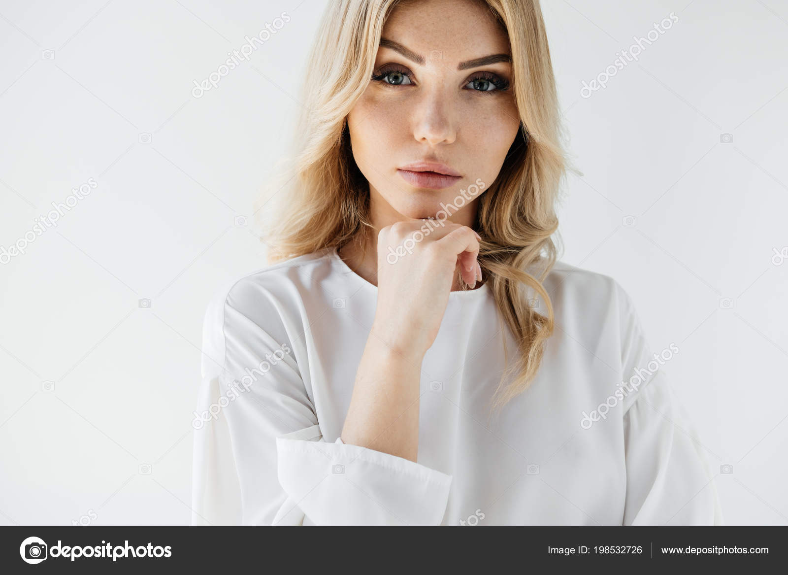 Portrait Beautiful Blond Woman White Clothing Posing White Backdrop