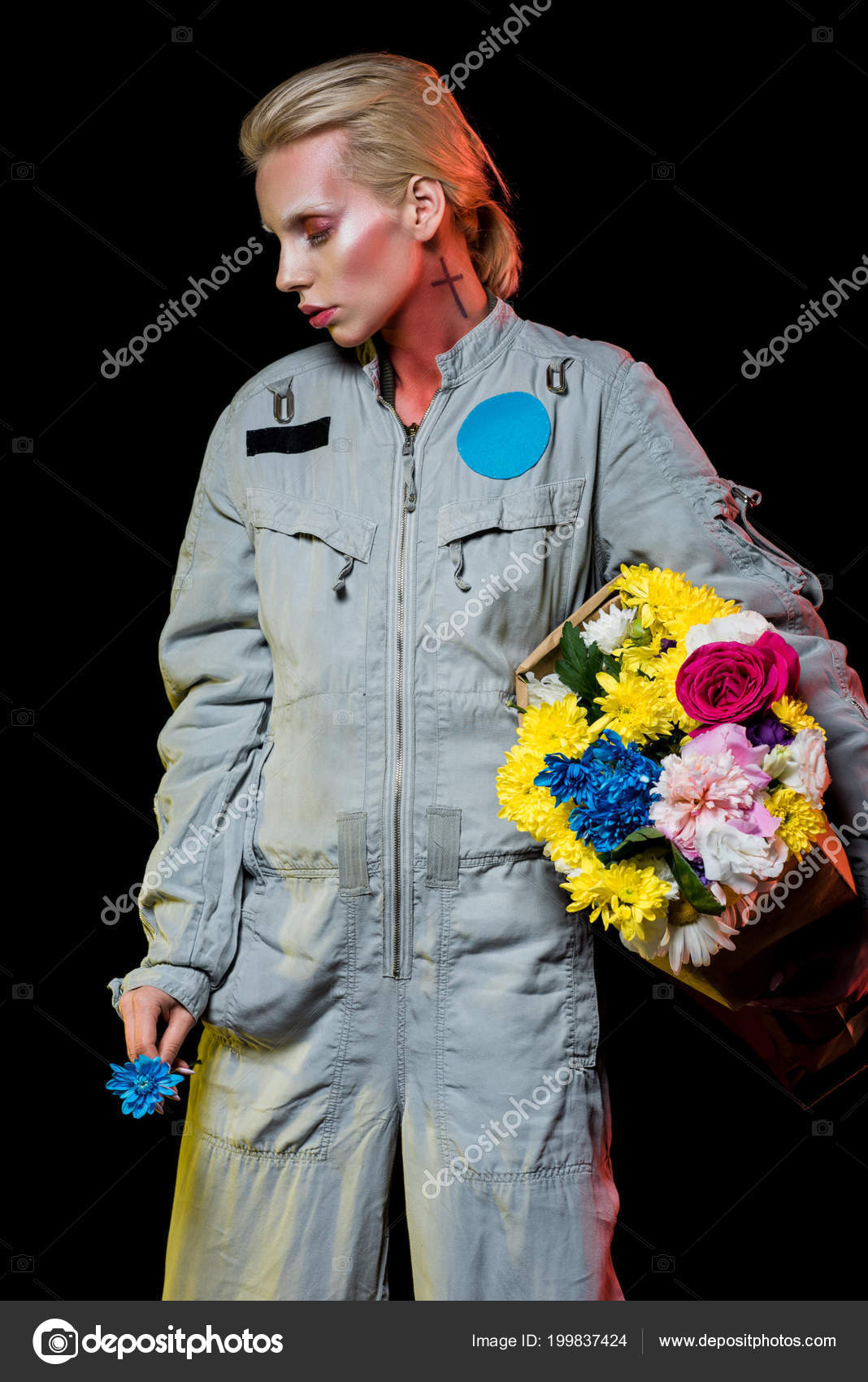 Attractive Female Astronaut Posing Spacesuit Colorful Flowers Paper Bag ...