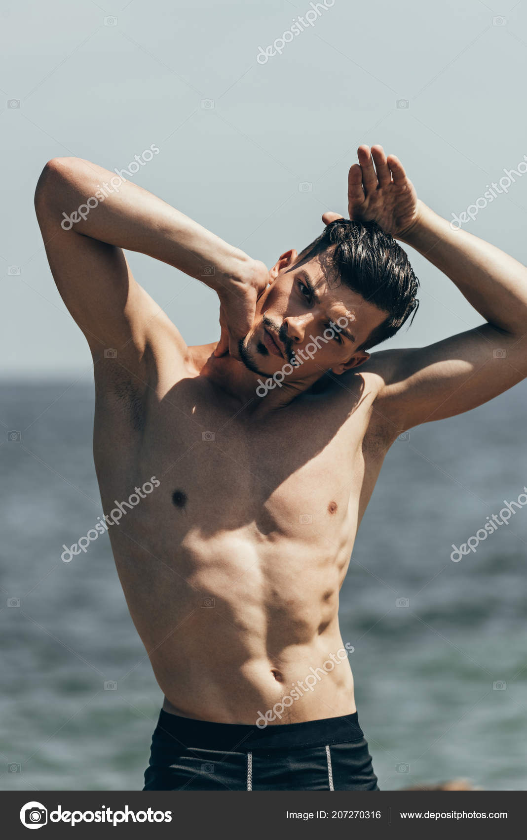 Handsome Shirtless Man Stretching Neck Workout Front Sea — Stock Photo ...