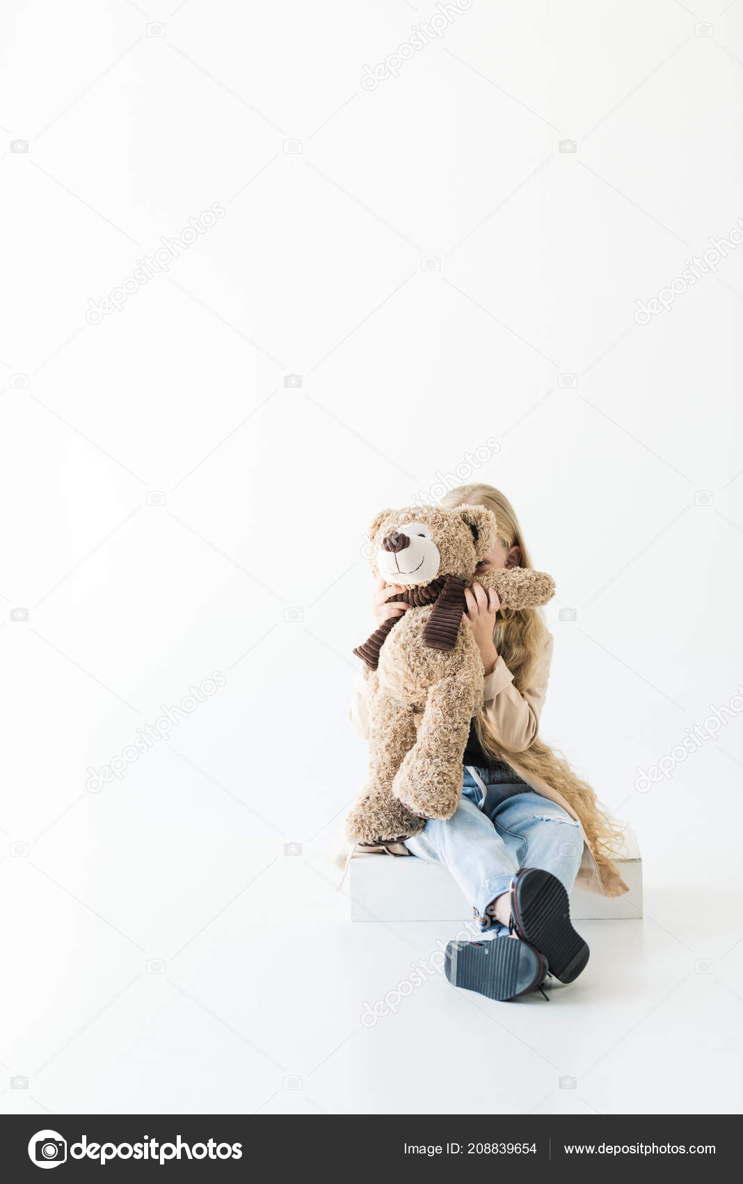 Adorable Little Child Hugging Teddy Bear Isolated White Stock Photo by ...