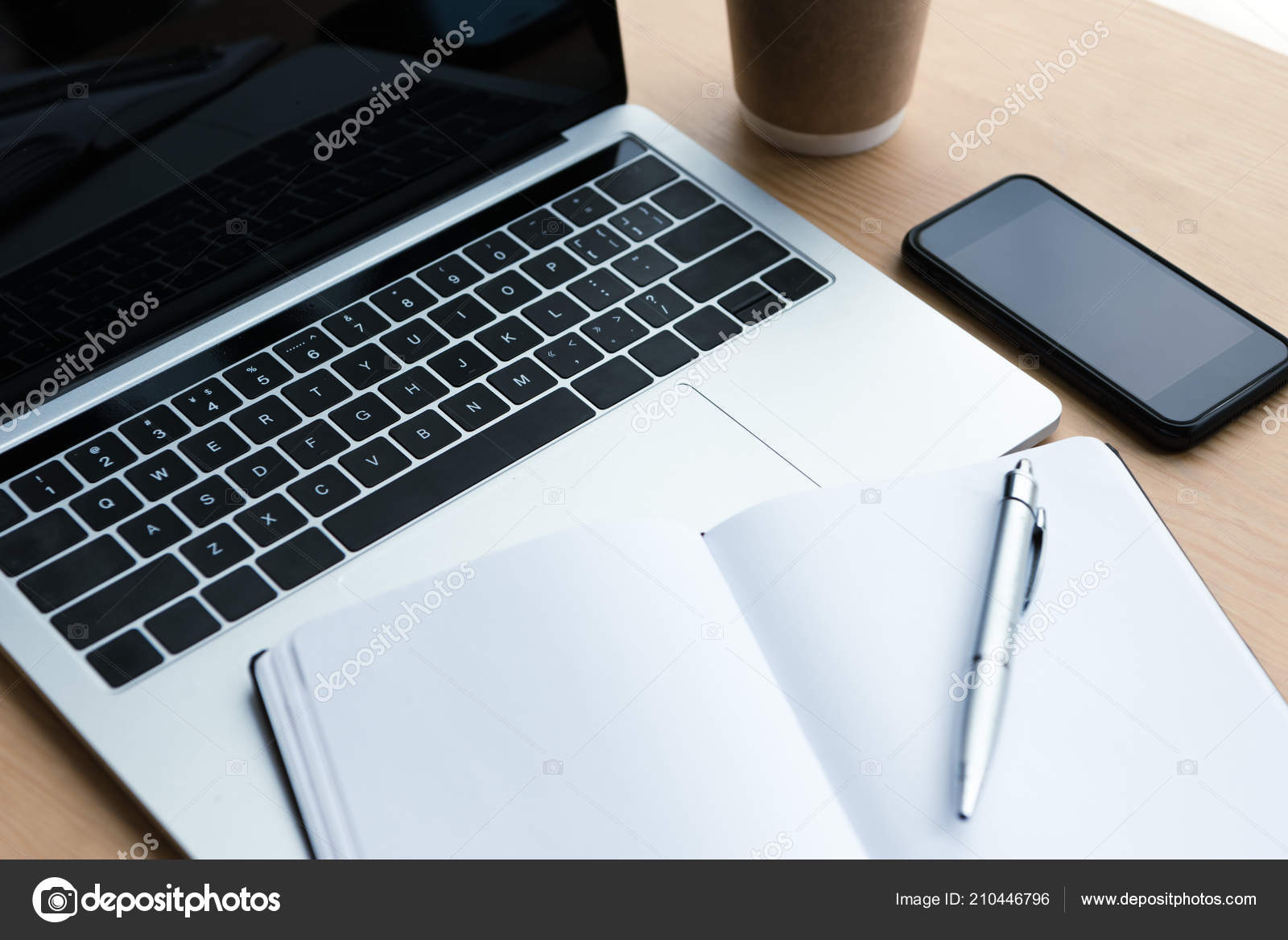 Laptop Smartphone Blank Notebook Pen Wooden Table — Free Stock Photo ...