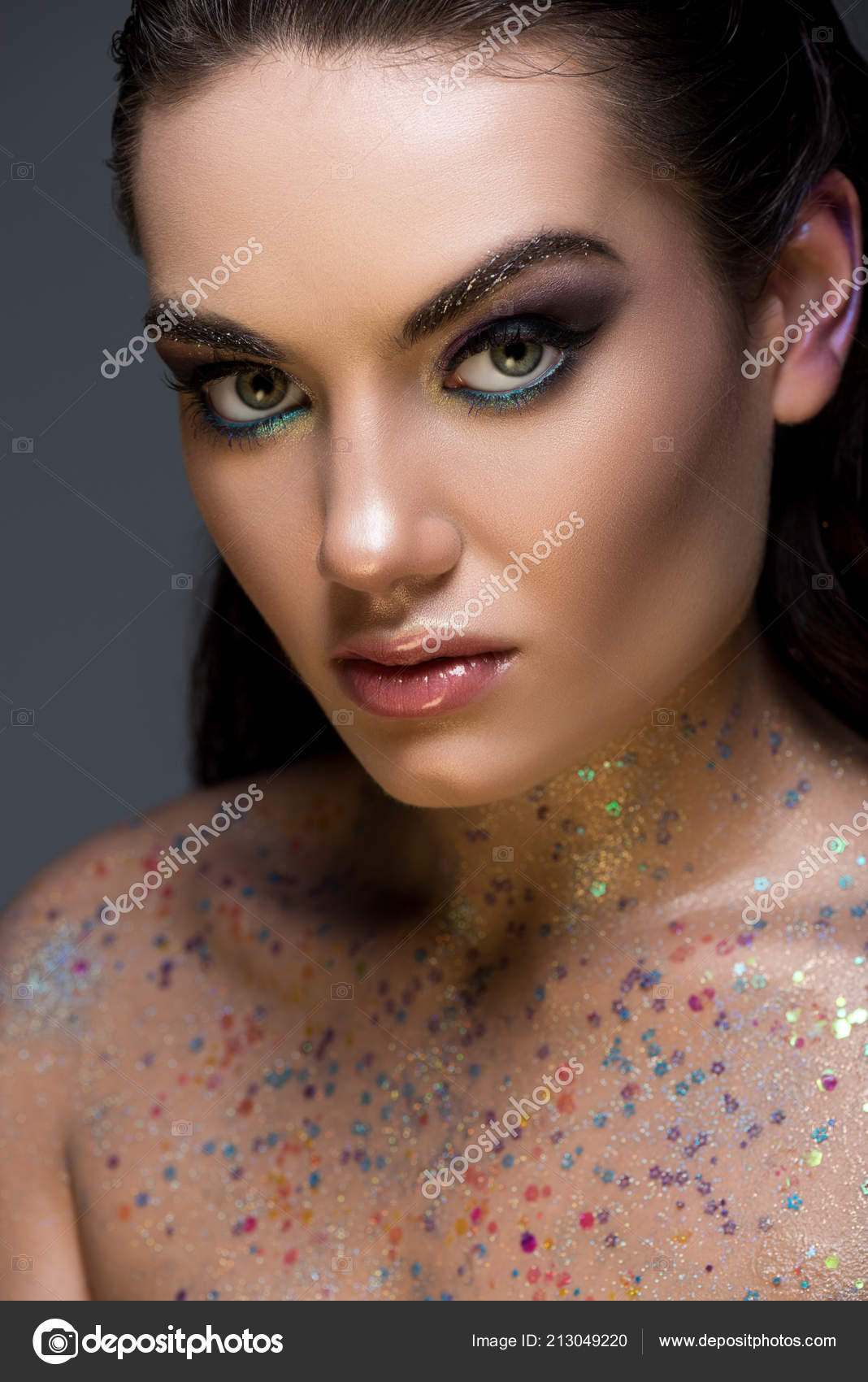 Attractive Glamorous Model Posing Glitter Body Isolated Grey — Free ...