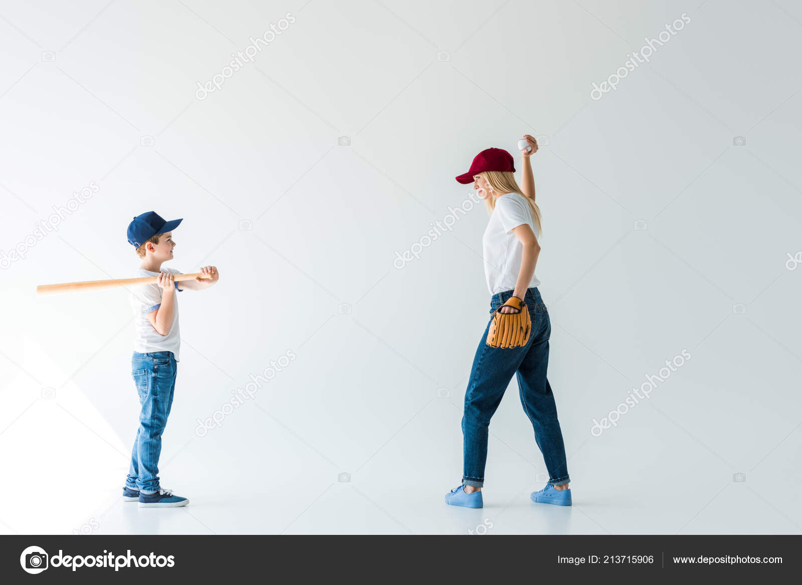 Side View Mother Pitching Baseball Ball Son Baseball Bat Isolated Stock ...