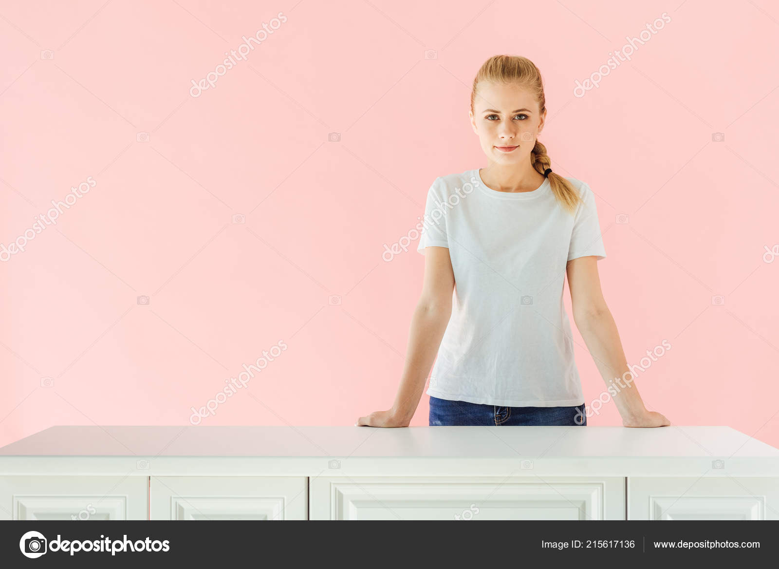 Attractive Young Woman Standing Kitchen Table Isolated Pink Stock Photo ...