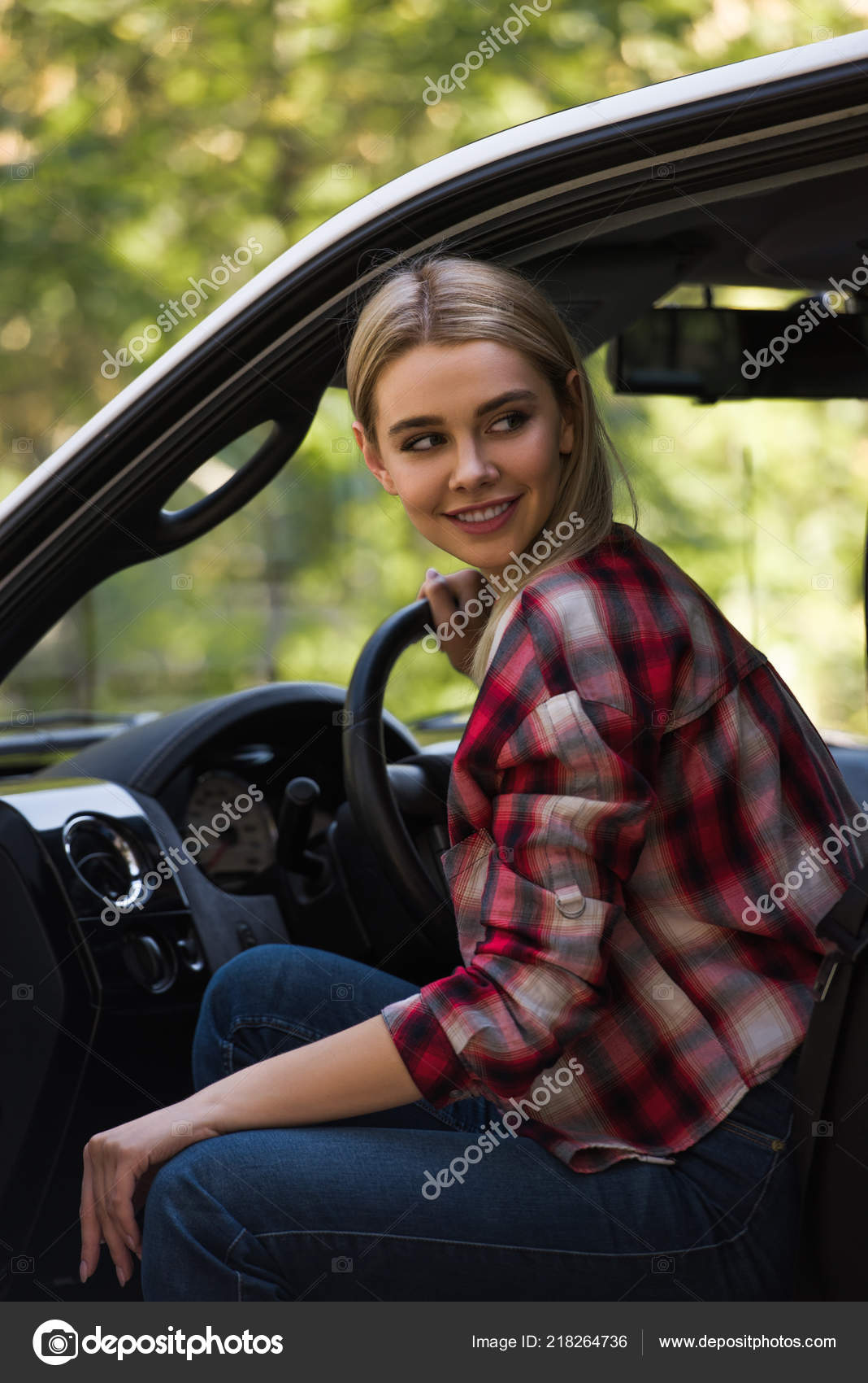 Beautiful Blonde Driver Sitting Car Forest — Stock Photo © Y-Boychenko ...