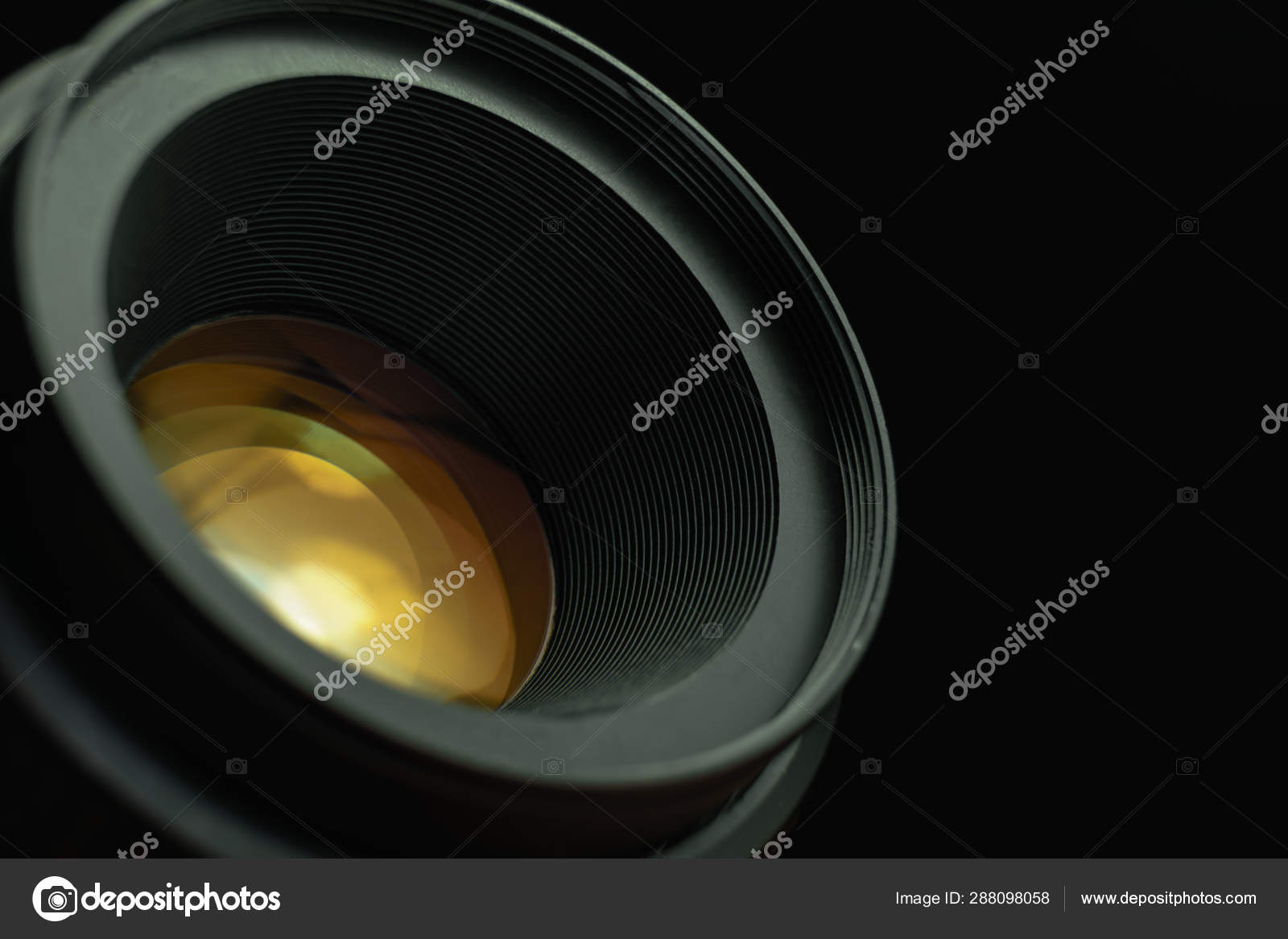 Beautiful Camera Lens Yellow Light Glass Black Background — Stock Photo ...