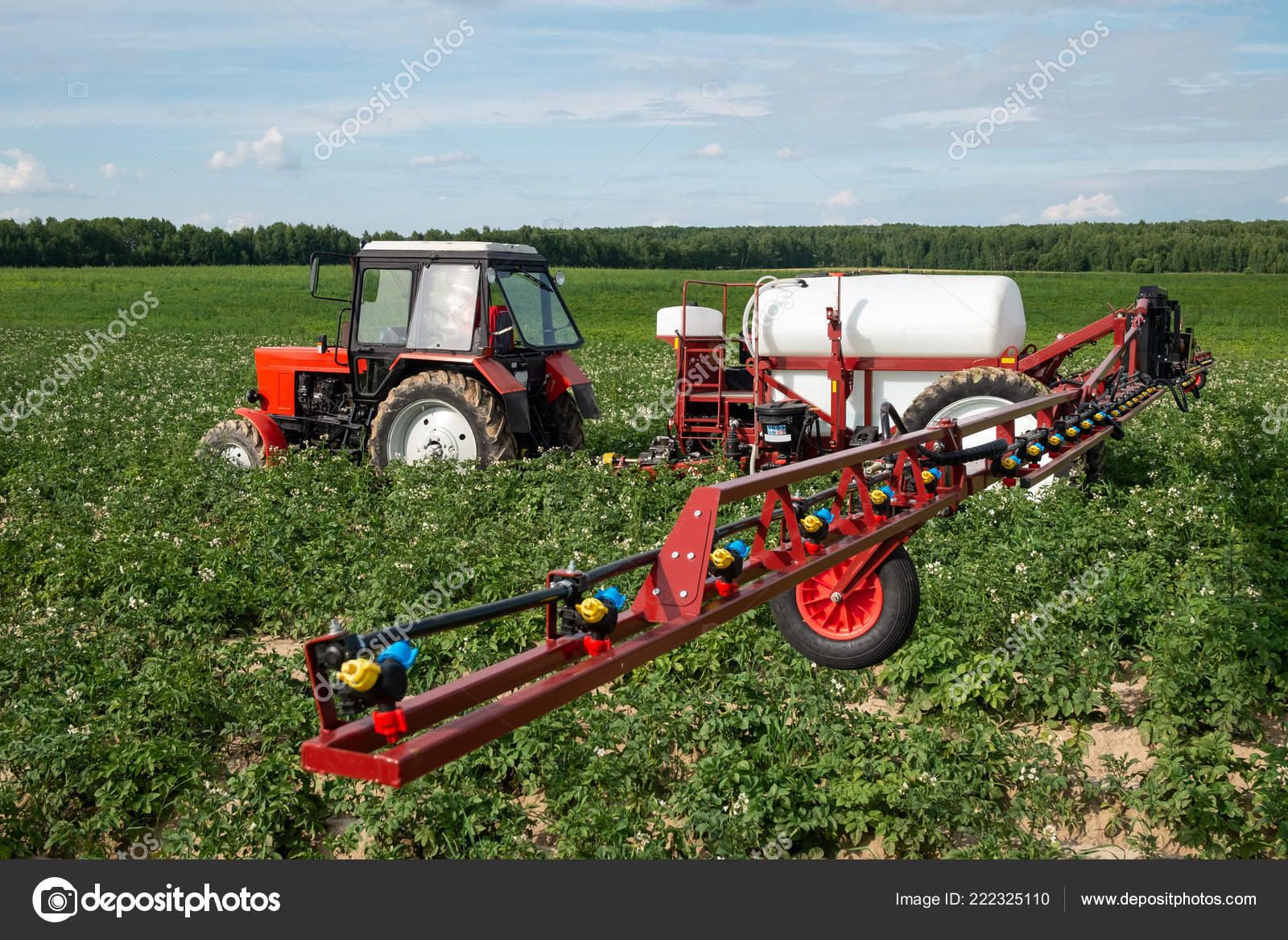 Red Tractor Sprayer Field Doing Chemical Treatment Plants — Stock ...