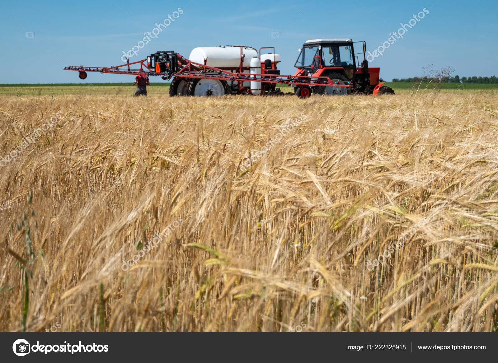 Red Tractor Sprayer Field Doing Chemical Treatment Plants — Stock ...