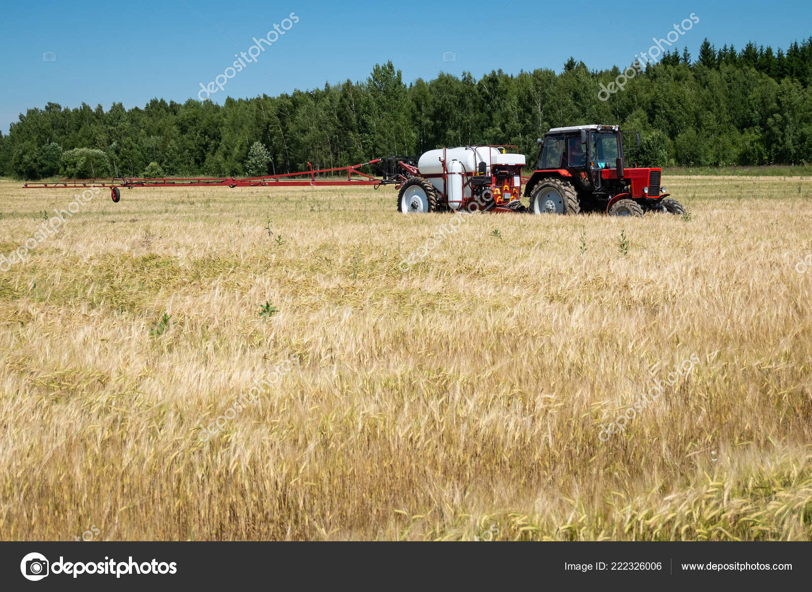 Red Tractor Sprayer Field Doing Chemical Treatment Plants — Stock ...