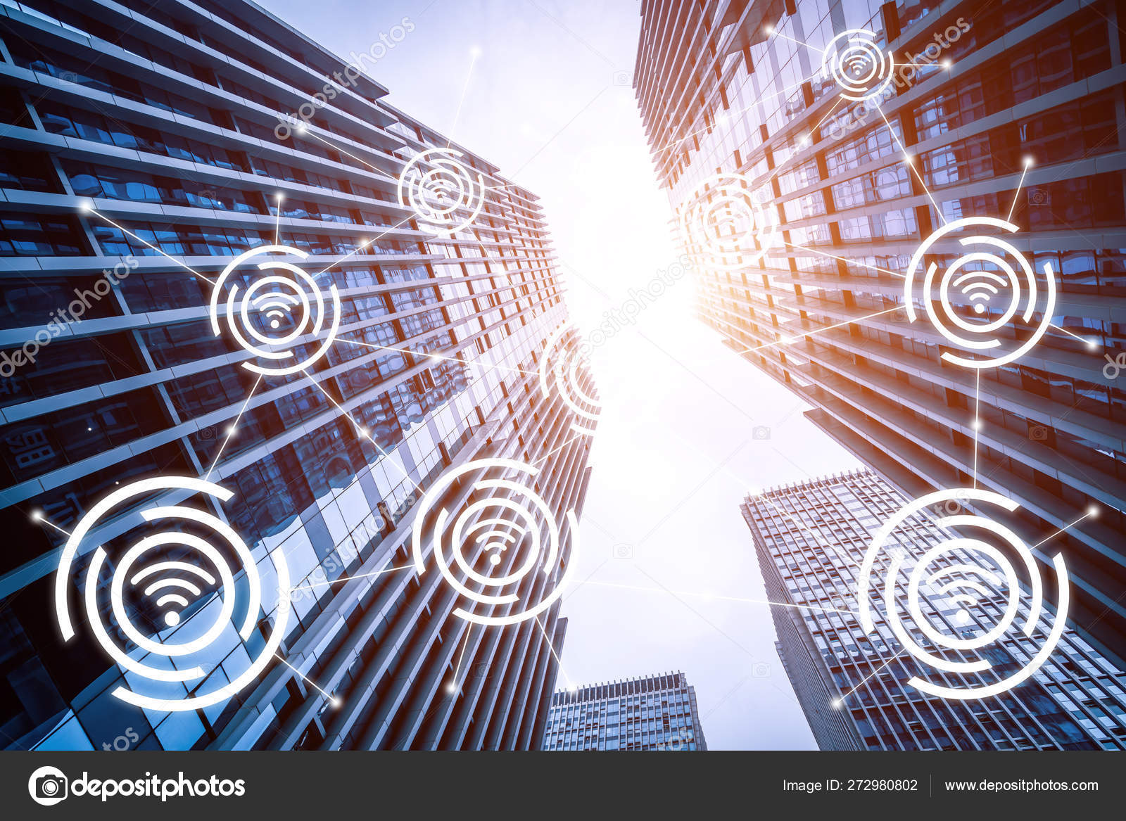 Modern buildings in blue tone with wifi icons connection, networ ...