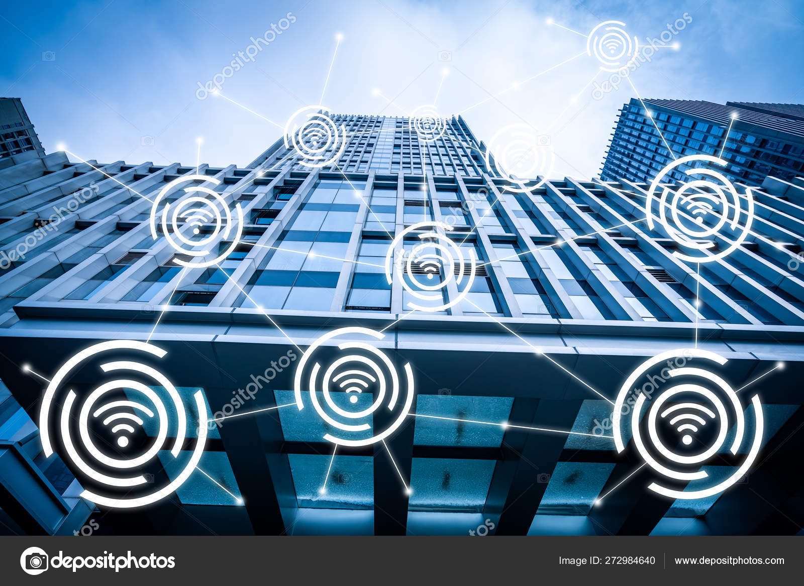 Modern buildings in blue tone with wifi icons connection, networ ...