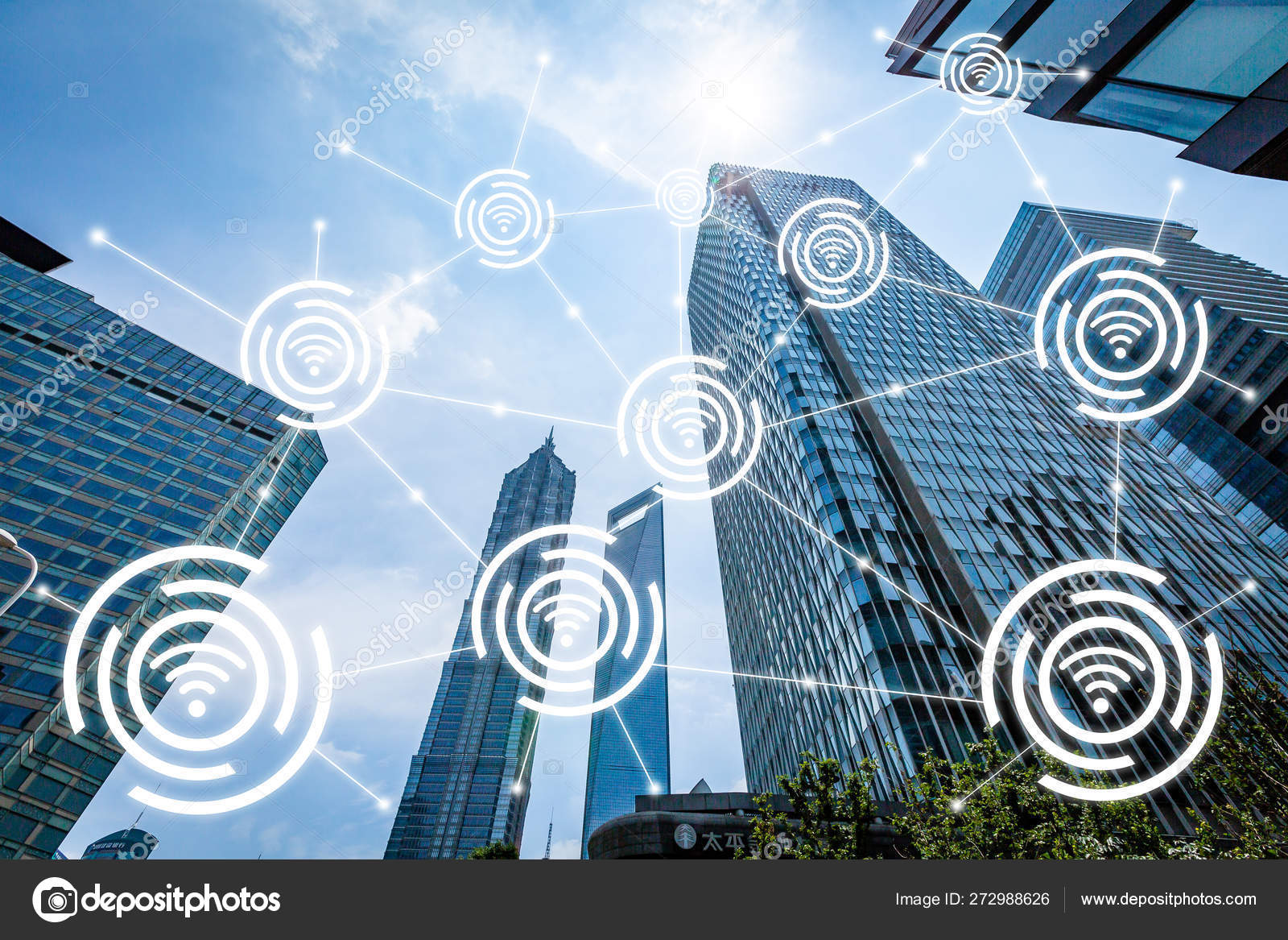 Modern buildings in blue tone with wifi icons connection, networ ...