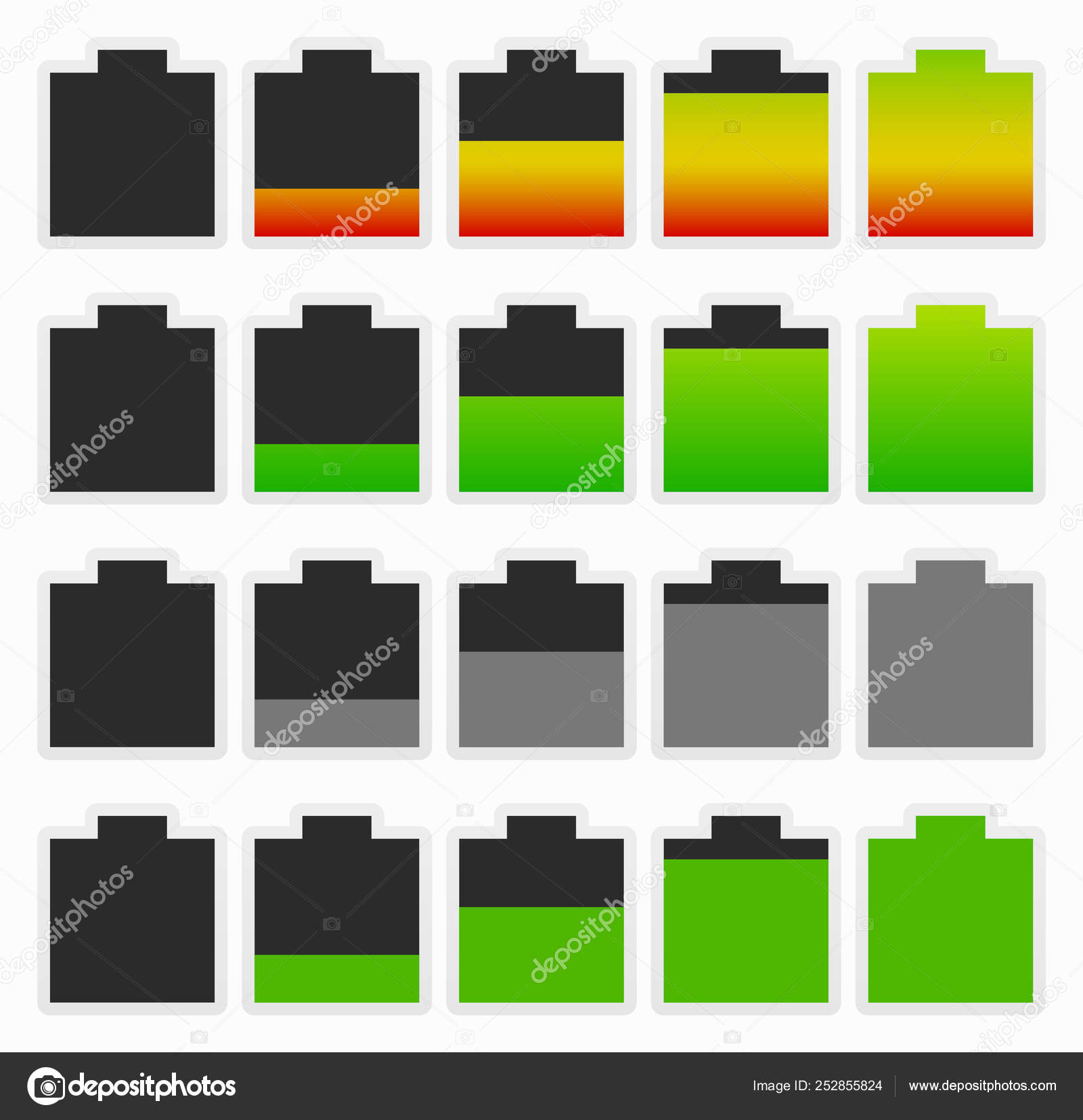 Set of bold battery level indicators. Recharge, energy conservat ...