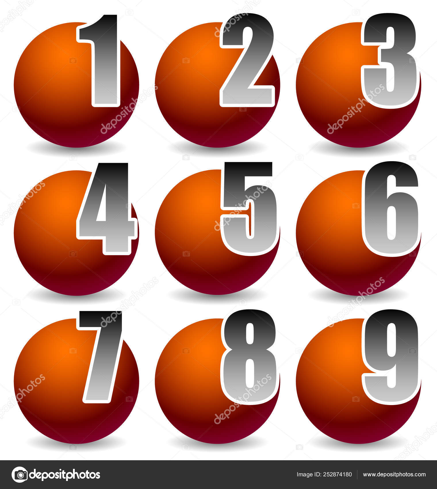 Numbering Elements from 1 to 9. Numbers Cut in Shaded Spheres wi ...