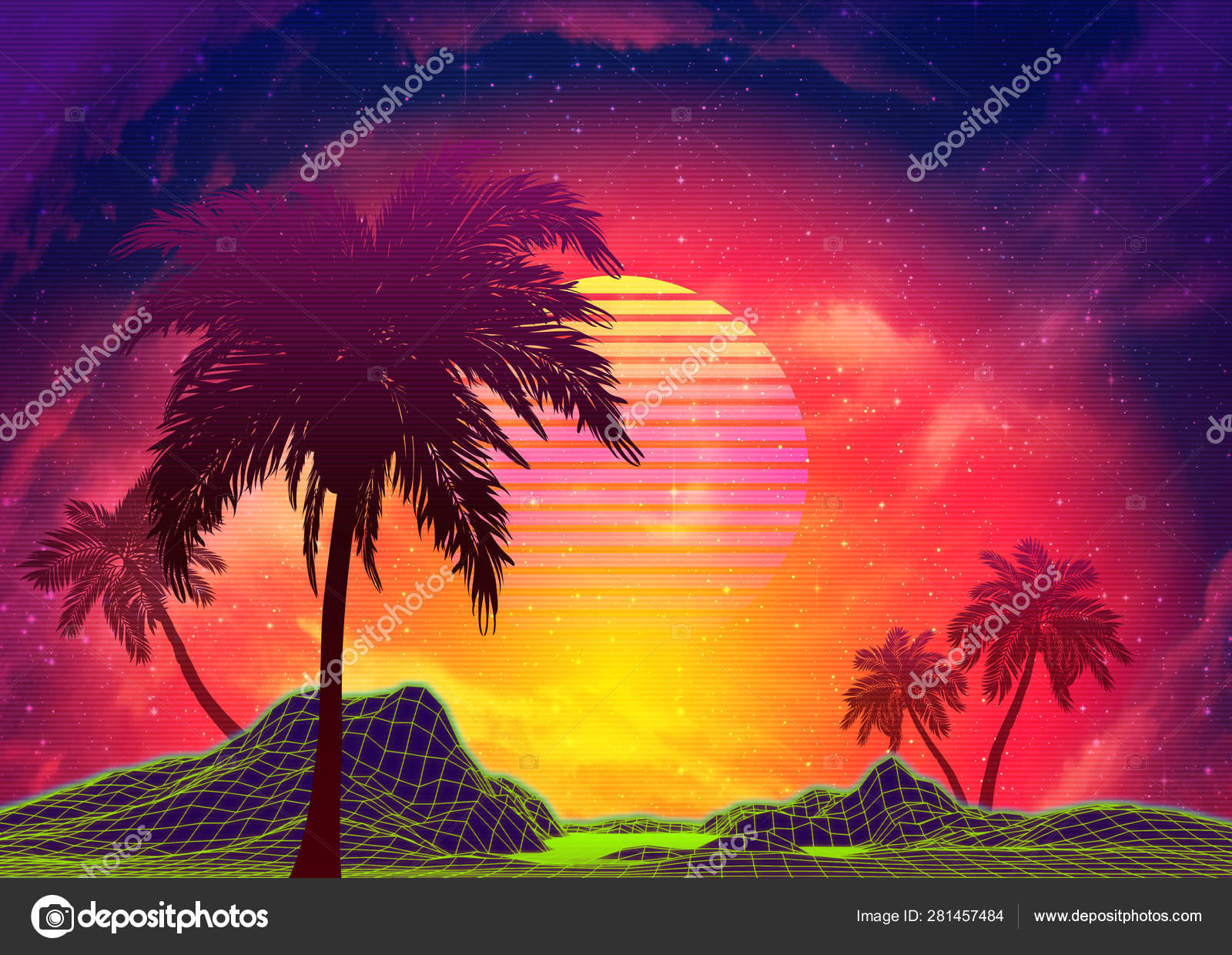 Vaporwave landscape with rocks and palms Stock Photo by ©artshock 281457484