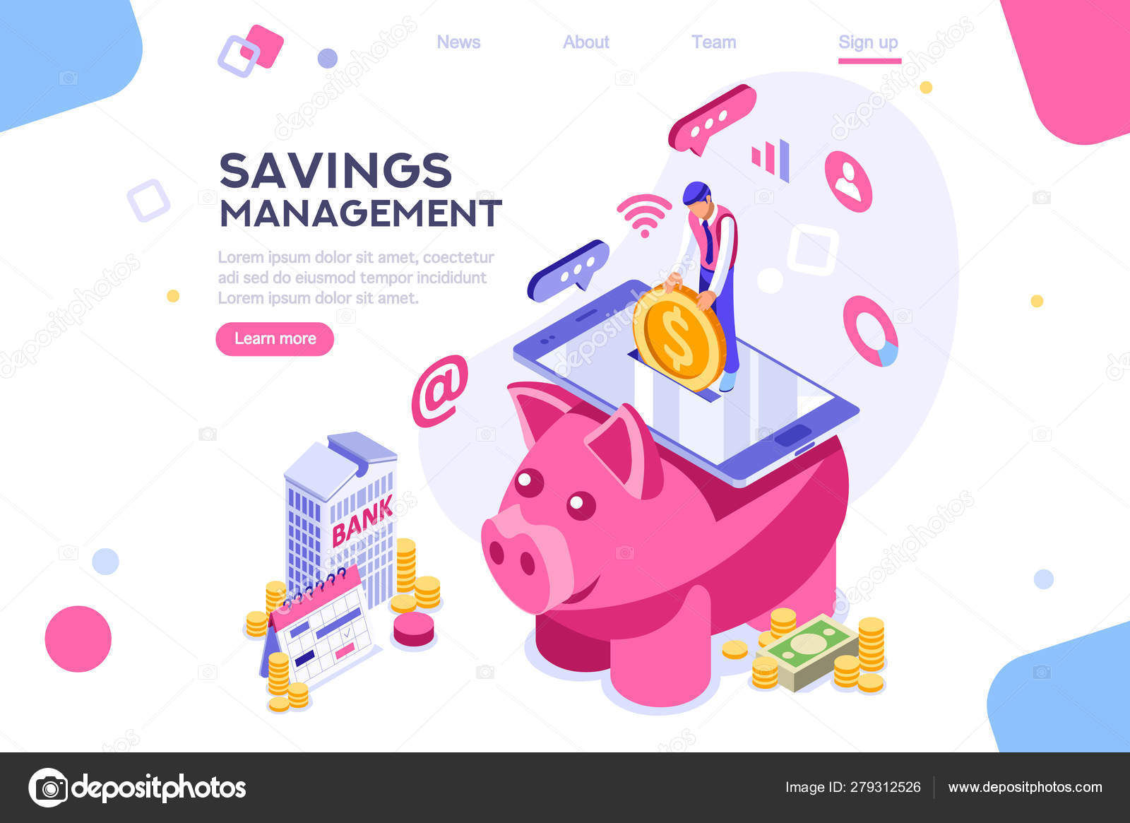 Depositing, banknote banner. Money on smartphone, coin holding. Bank ...