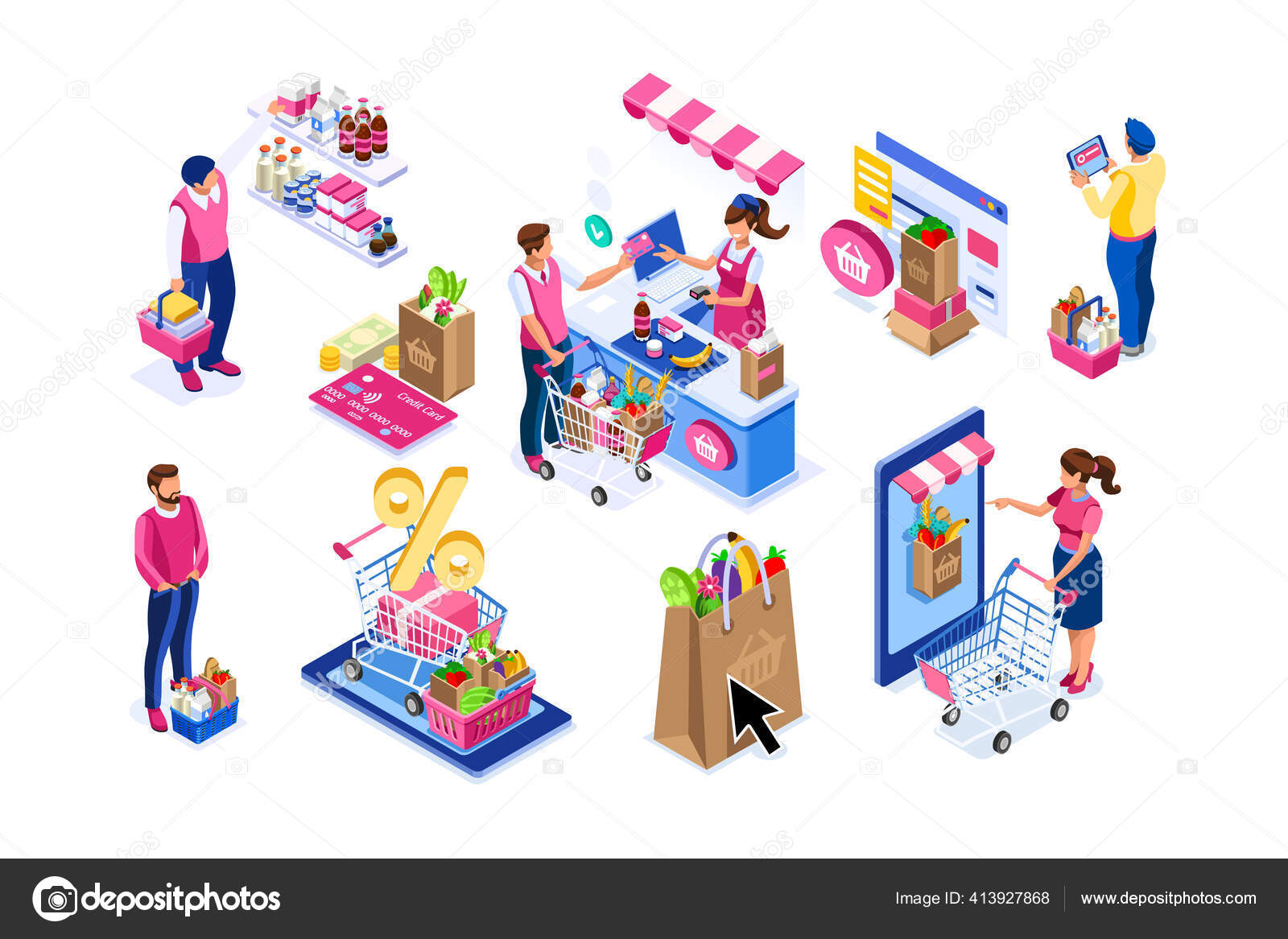 Goods Purchases Cartoon Set Paying Customers Trolley Supermarket Line ...