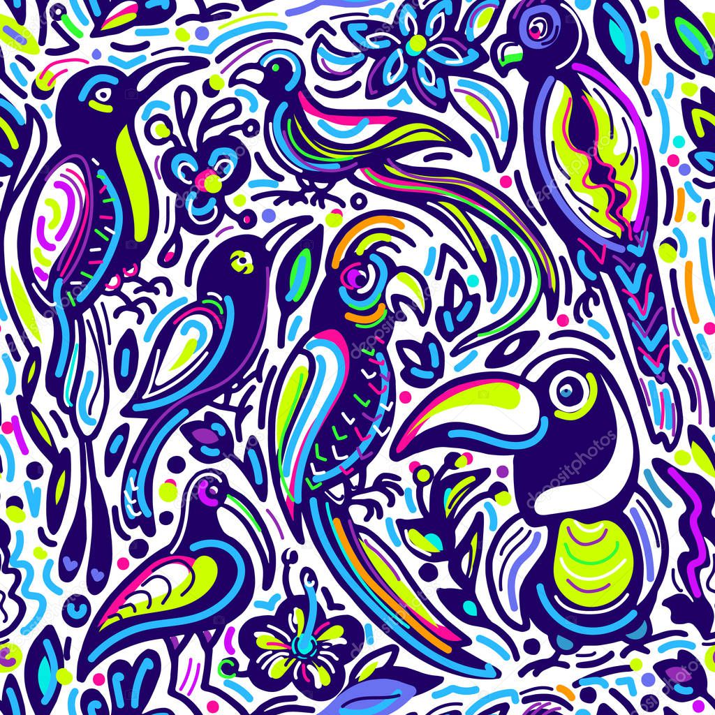 Patrón sin costura vectorial. Pájaro exótico, selva tropical, planta de ...