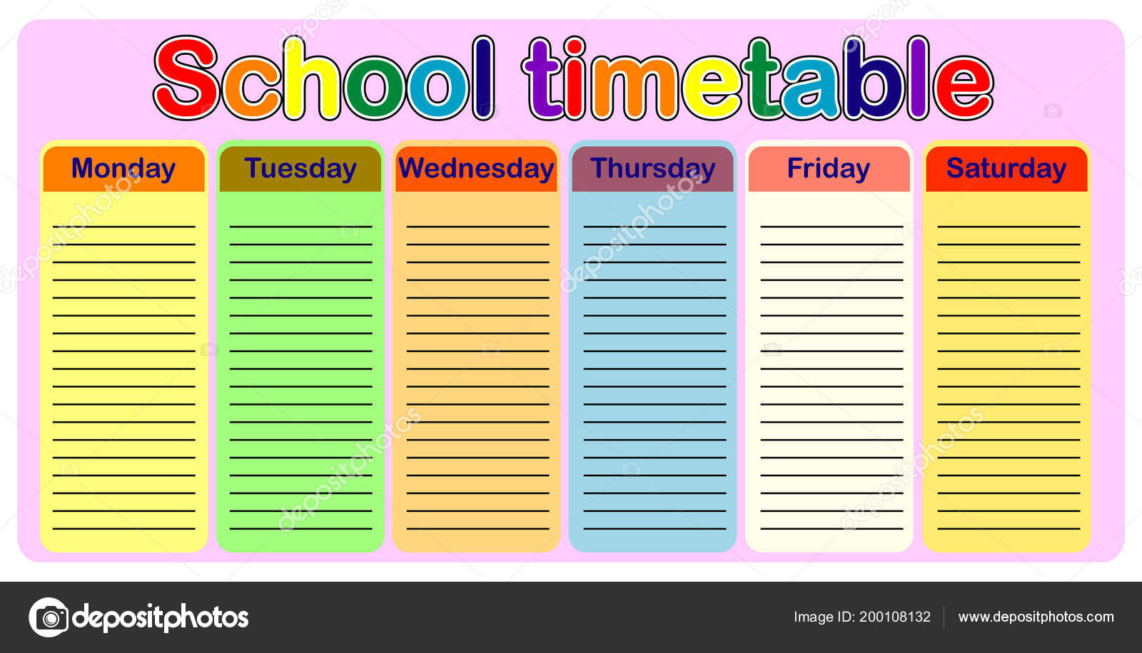 Template school timetable for students or pupils with days of week and ...
