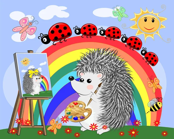 Lovely cartoon hedgehog near a seven-colored rainbow and a ladybird on ...