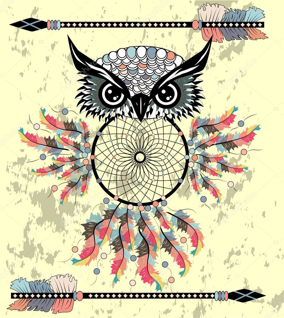 Búho atrapasueños estilo boho personaje de dibujos animados objeto ...